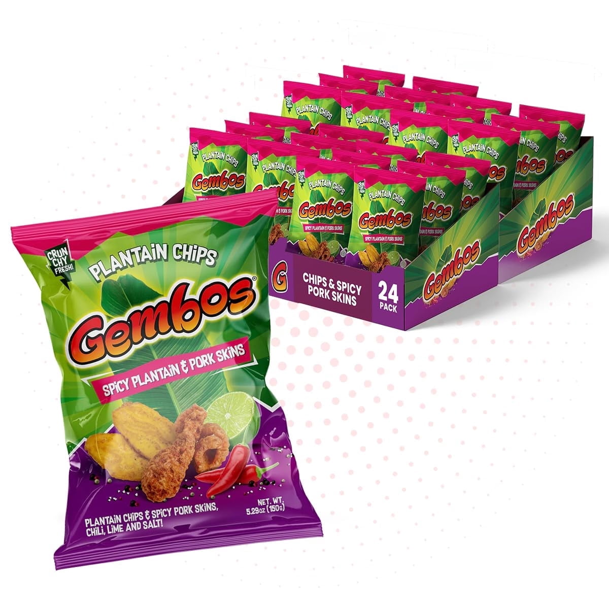 Gembos Spicy Plantain & Pork Skins Chips, Chili Lime, 4 oz Bags, 24 ...