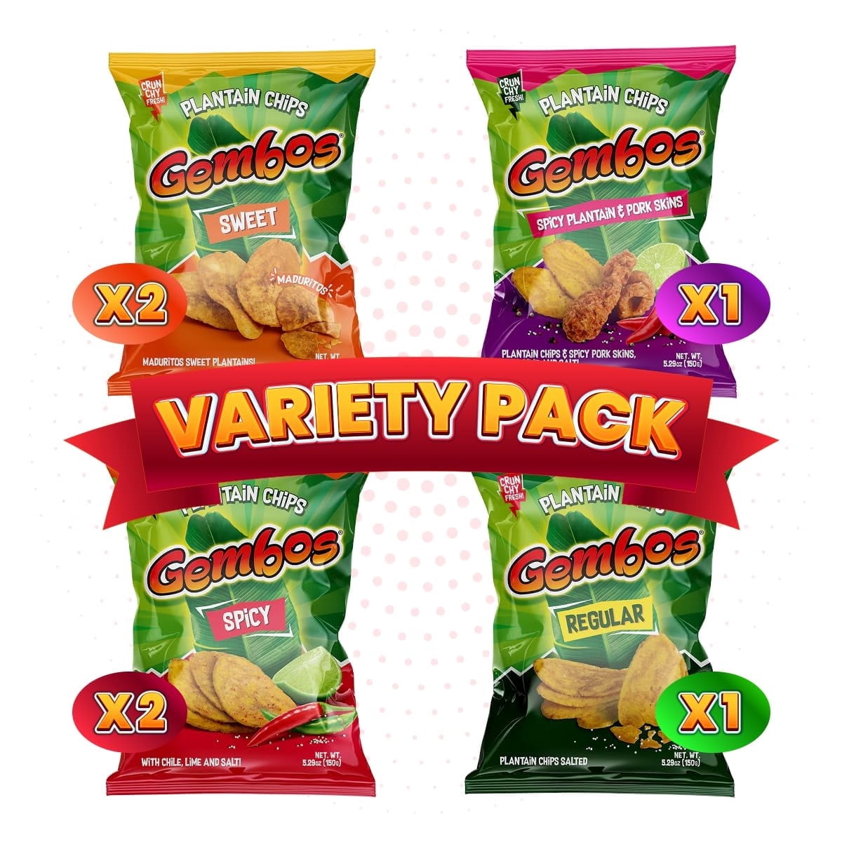 Gembos Variety Pack: Spicy, Sweet Maduritos, Pork Skins, 4 oz, 6 Pack ...