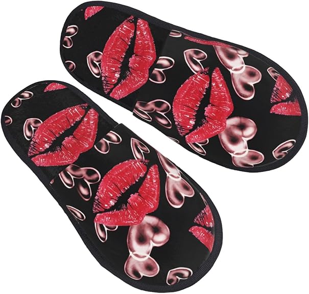 Gemfit Black Slippers - Fashion Trendy Red Lips Heart Slippers ...