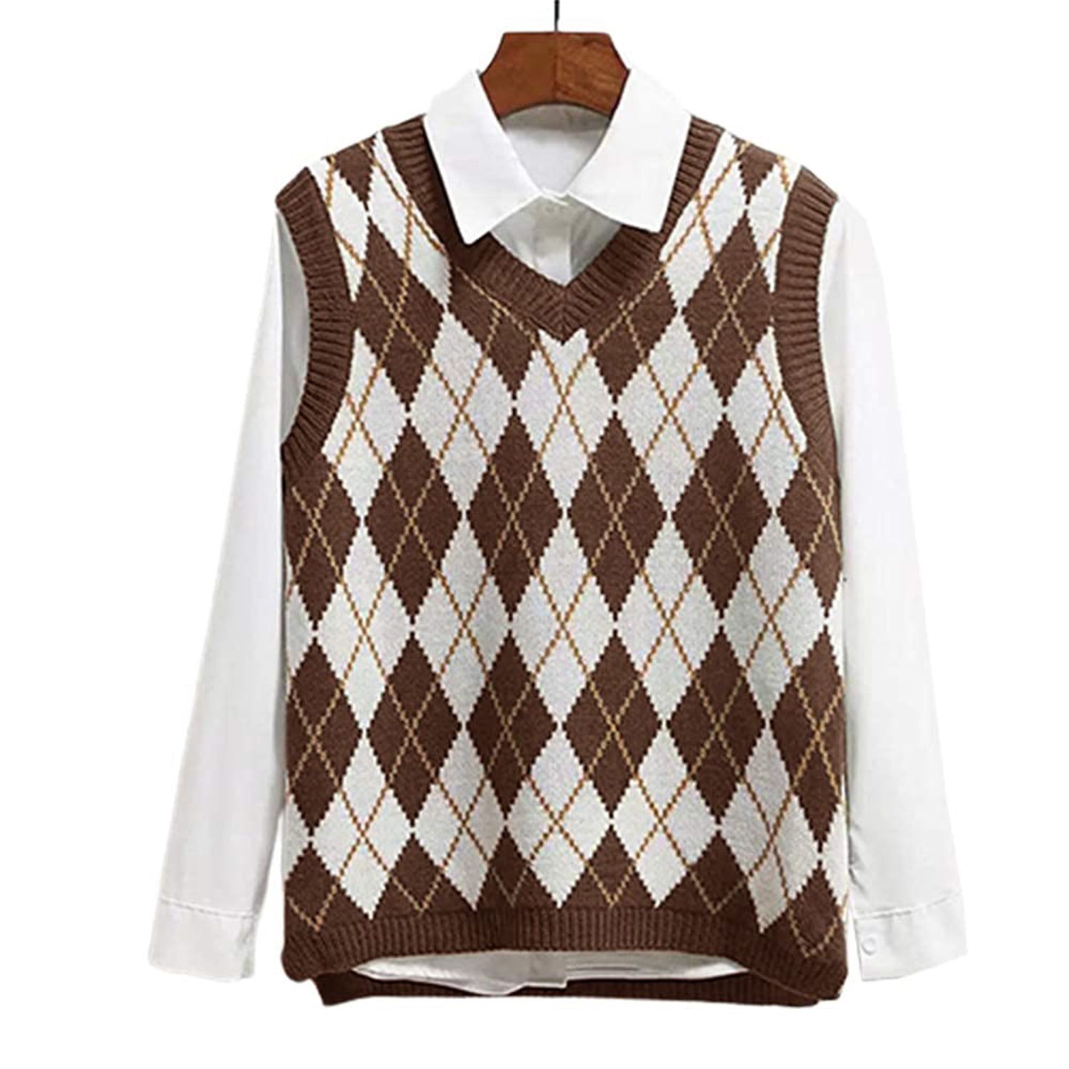 Gemijacka Womens V Neck Knit Sweater Vest Argyle Plaid Preppy Style