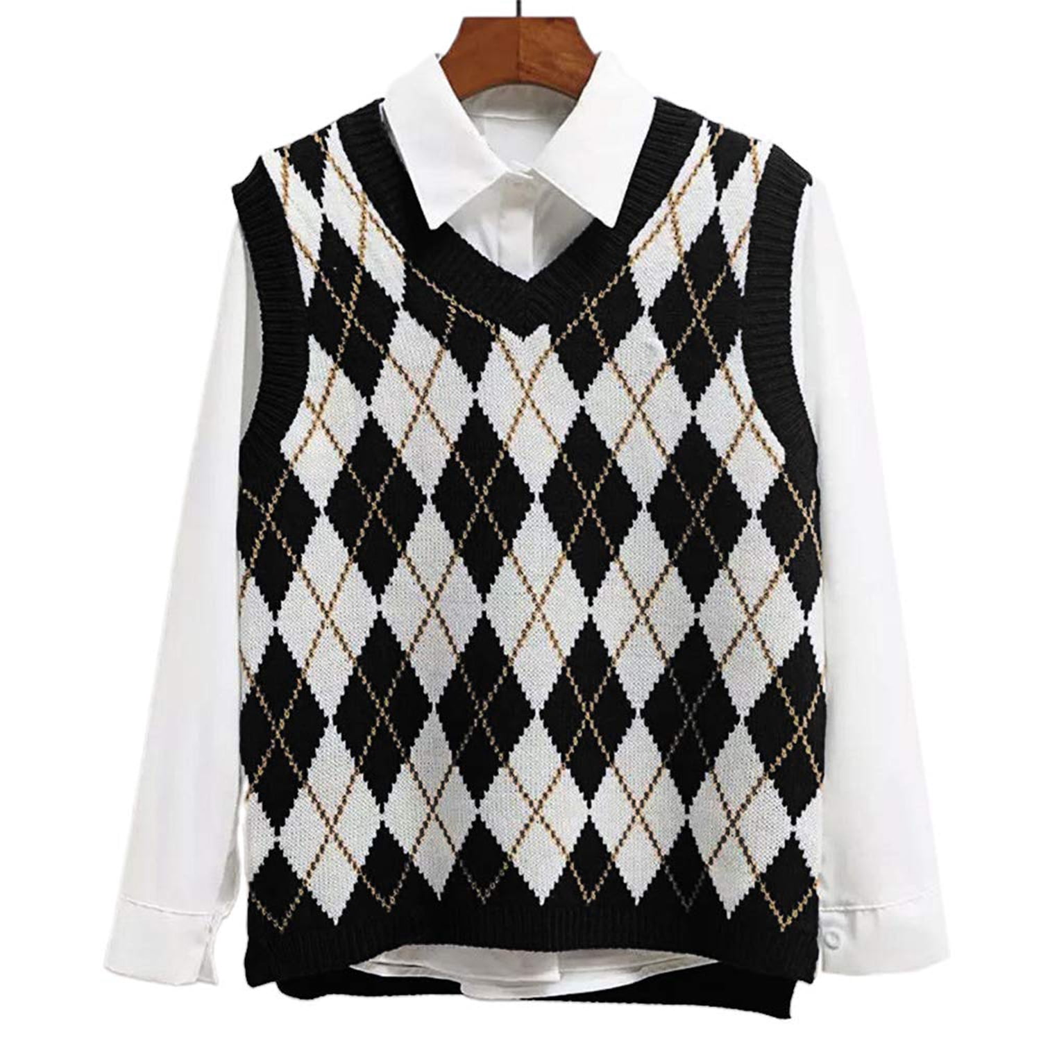 Gemijacka Womens V Neck Knit Sweater Vest Argyle Plaid Preppy Style