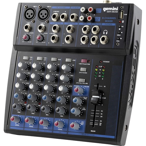 Gemini 8-Channel o Mixer – USB Playback, FX, EQ, Phantom Power Compact ...