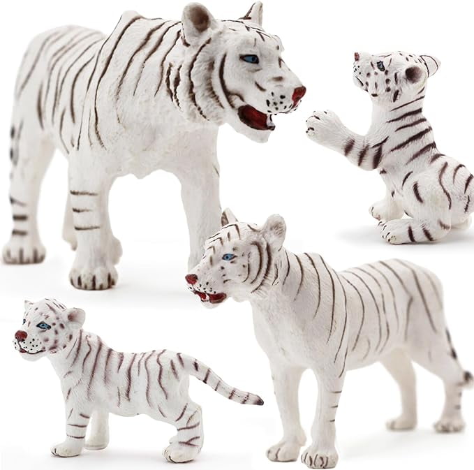 Gemini&Genius White Tiger Family Set Realistic Animal Figurines with Cub, Safari Animals Family ...