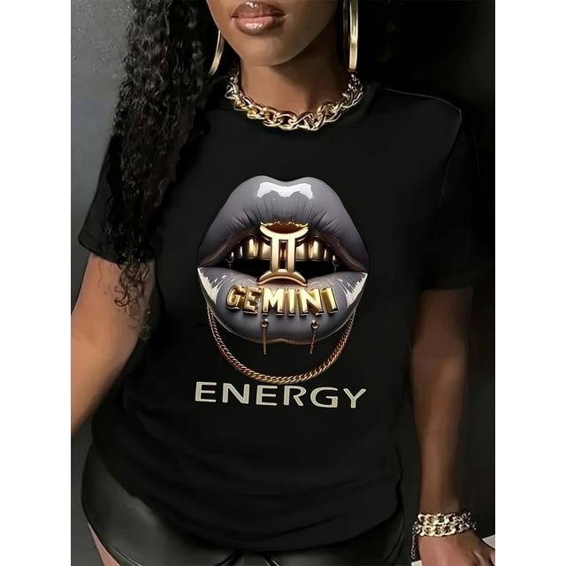 Gemini Zodiac Lips Print T-Shirt for Women - Casual , Round Neck, All ...