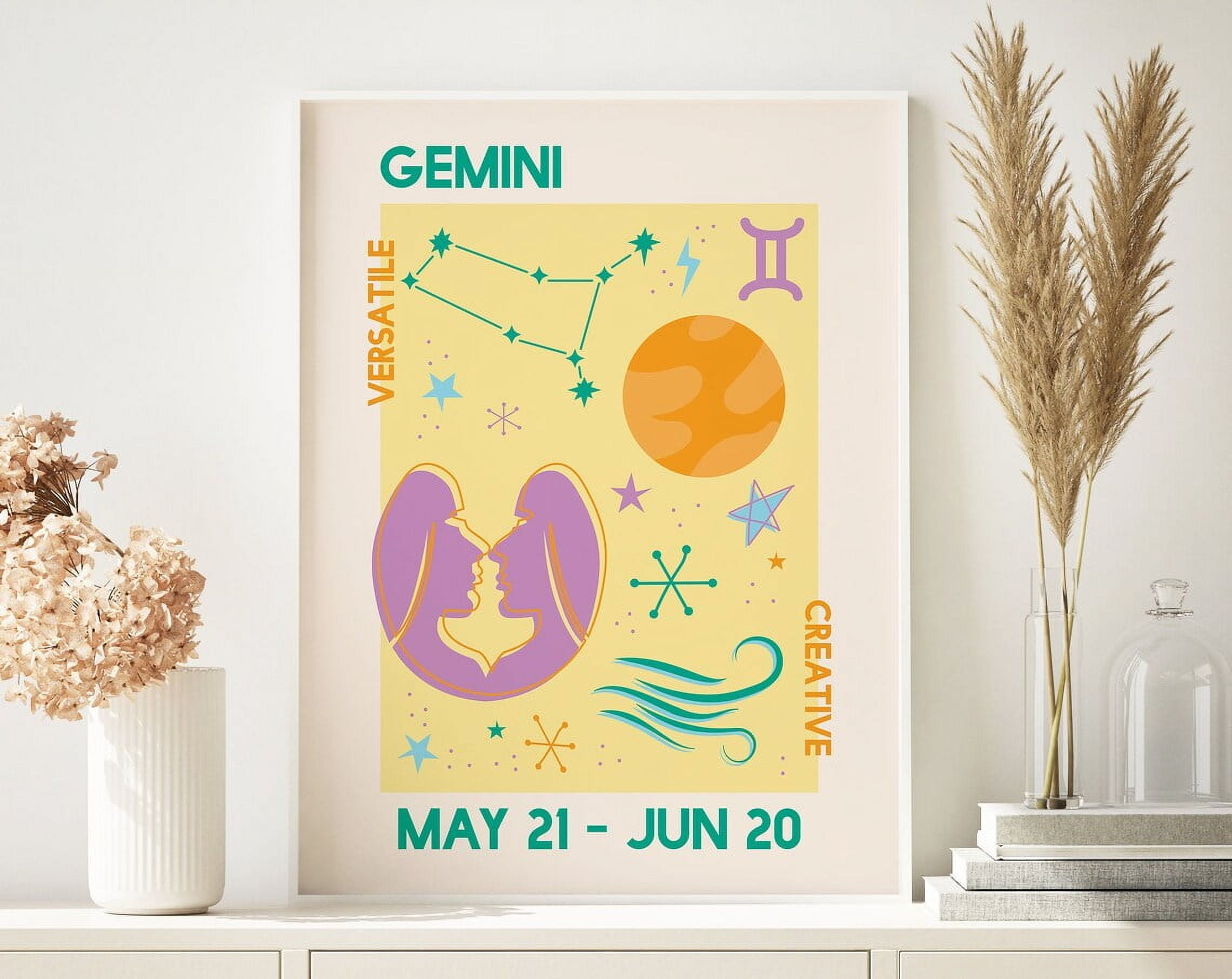 Gemini Zodiac Print, Art, Trendy Astrology Poster, Yellow Retro Wall ...