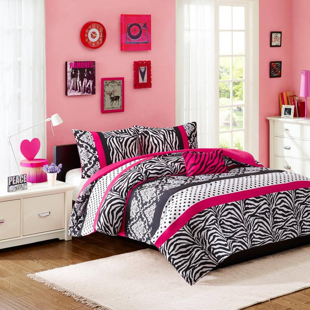 Gemma 4-Piece Pink Microfiber King/Cal King Stripe Zebra Print ...