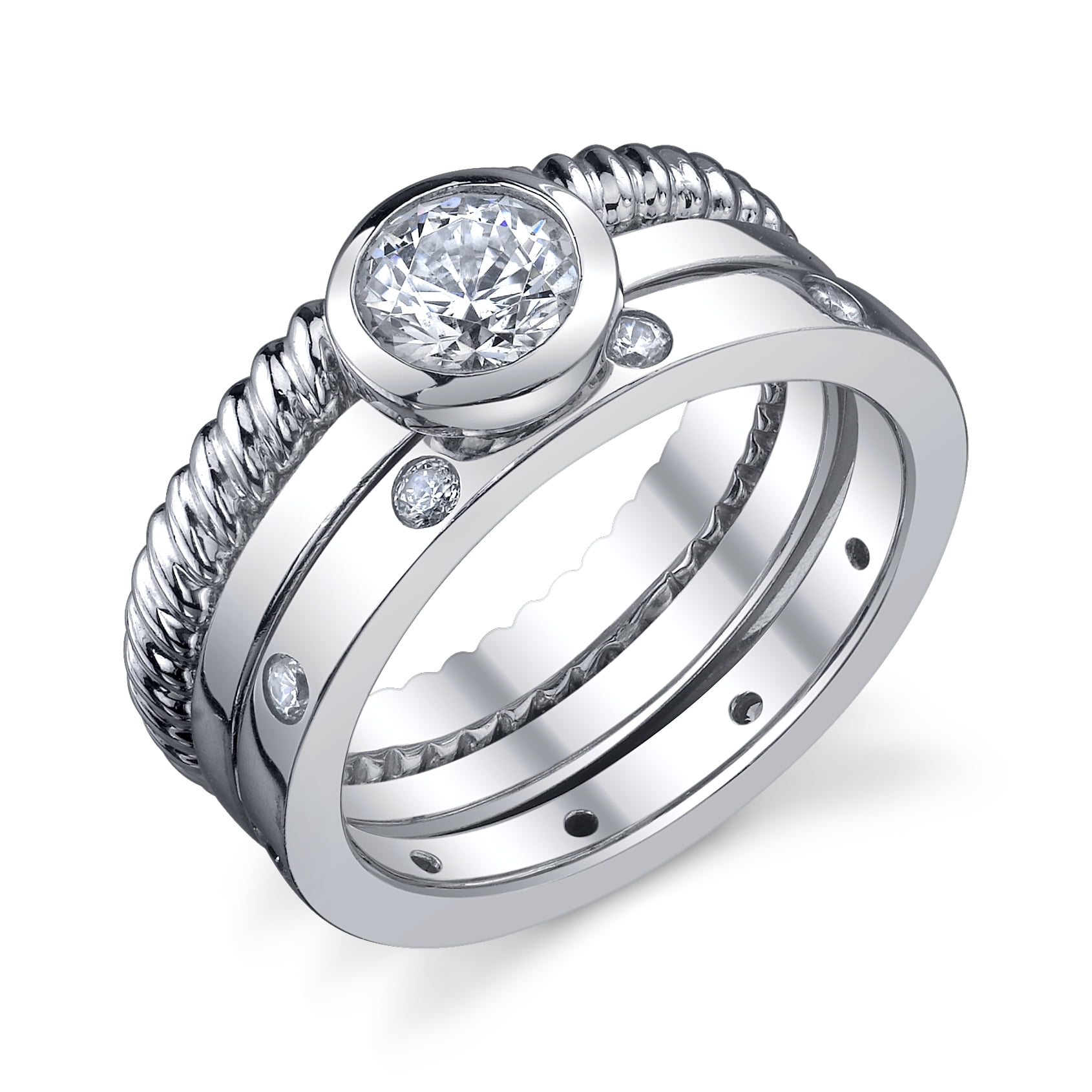 Gemour Platinum Plated Sterling Silver Cubic Zirconia Three Stackable ...