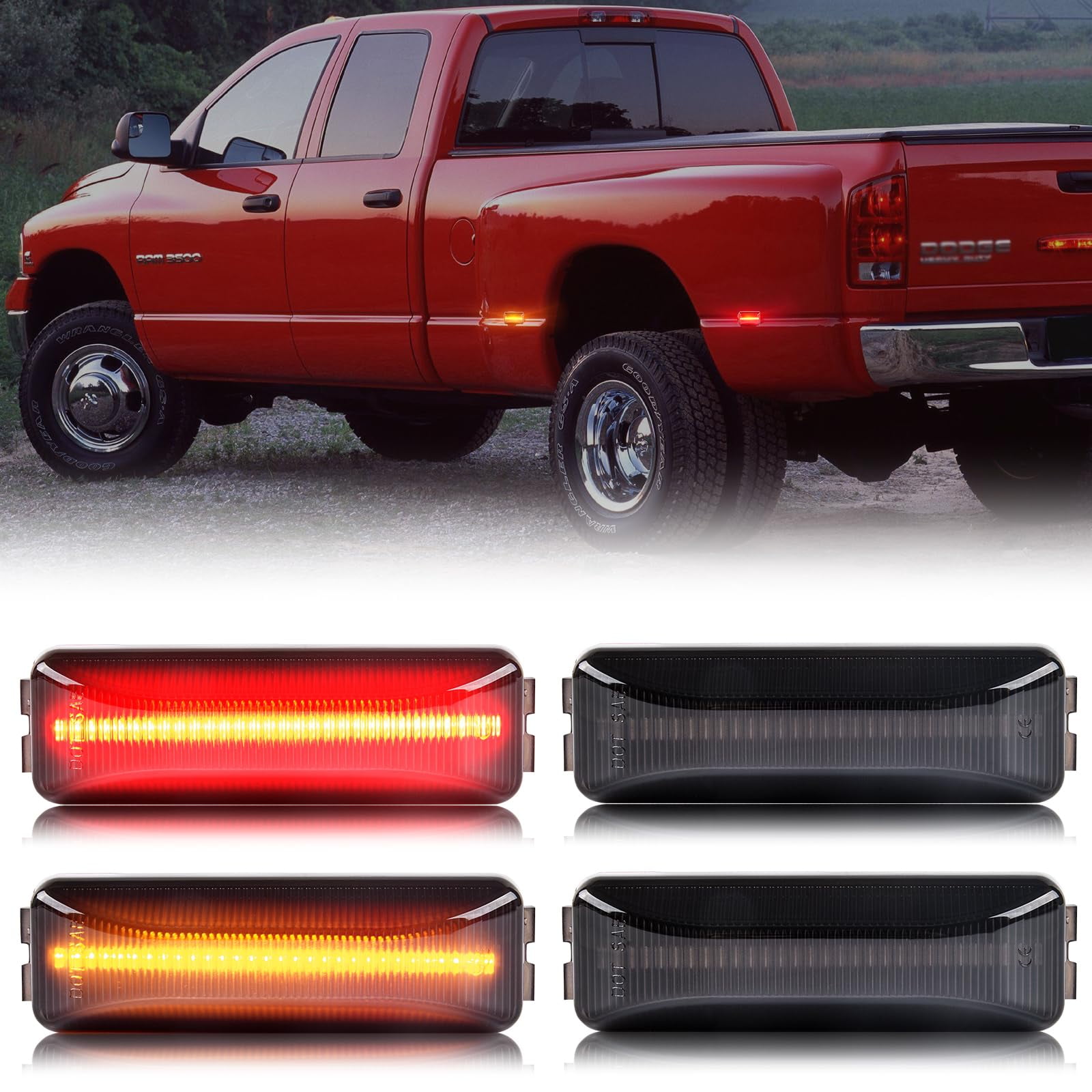 Gempro LED Dually Fender RRF12 Side Marker Lights for 1994-2002 Dodge Ram 2500 3500 Amber Red ...