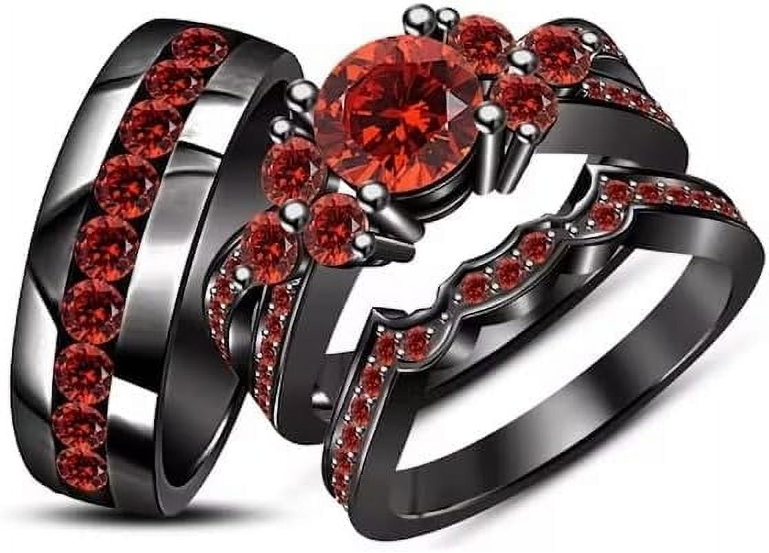 Gems Jewels 1.10 Ct Round Cut Red Ruby Wedding Engagement Trio Ring Set 14K Black Gold Plated ...