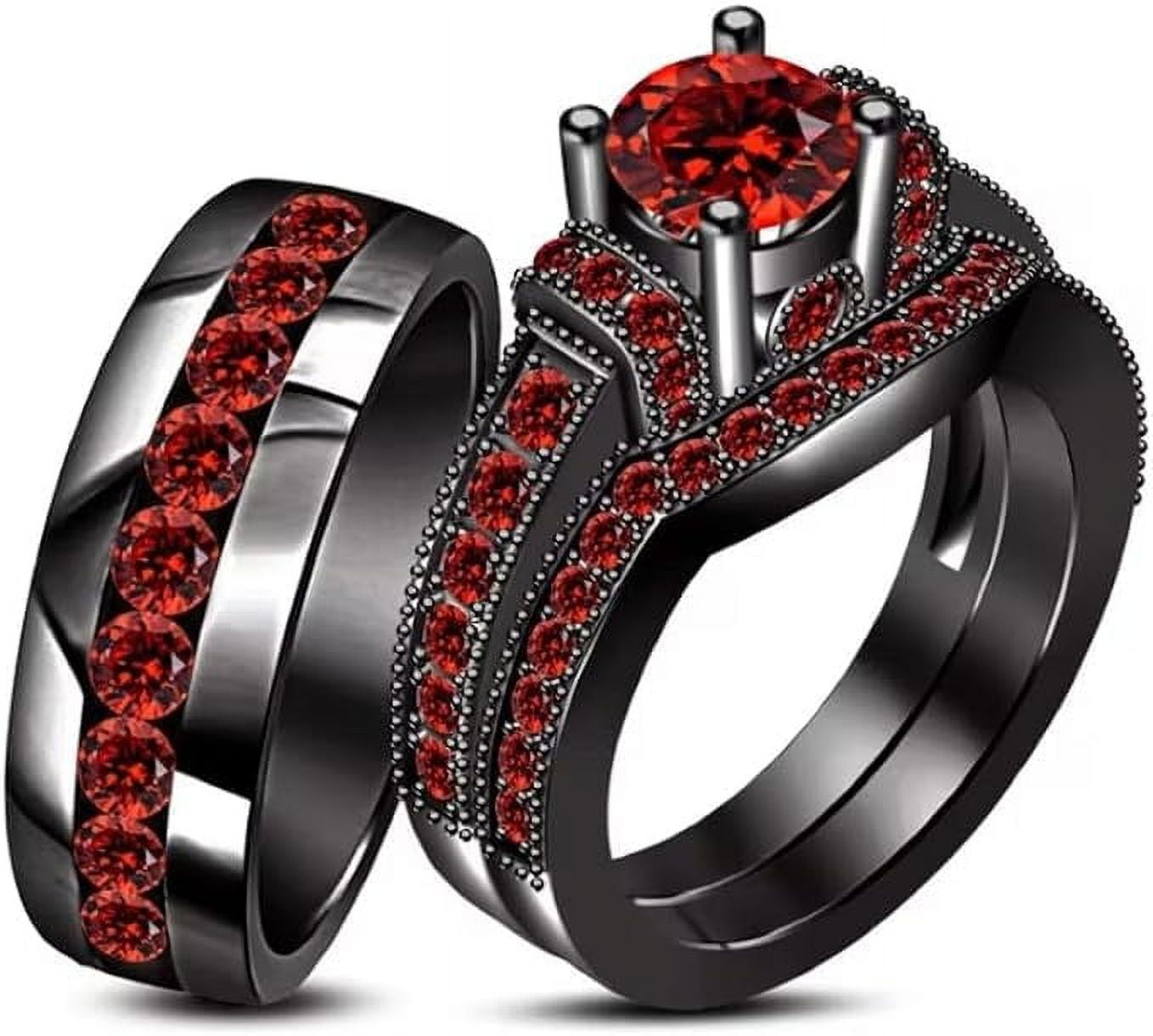 Gems Jewels 1.20 Ct Round Cut Red Ruby Wedding Engagement Trio Ring Set ...