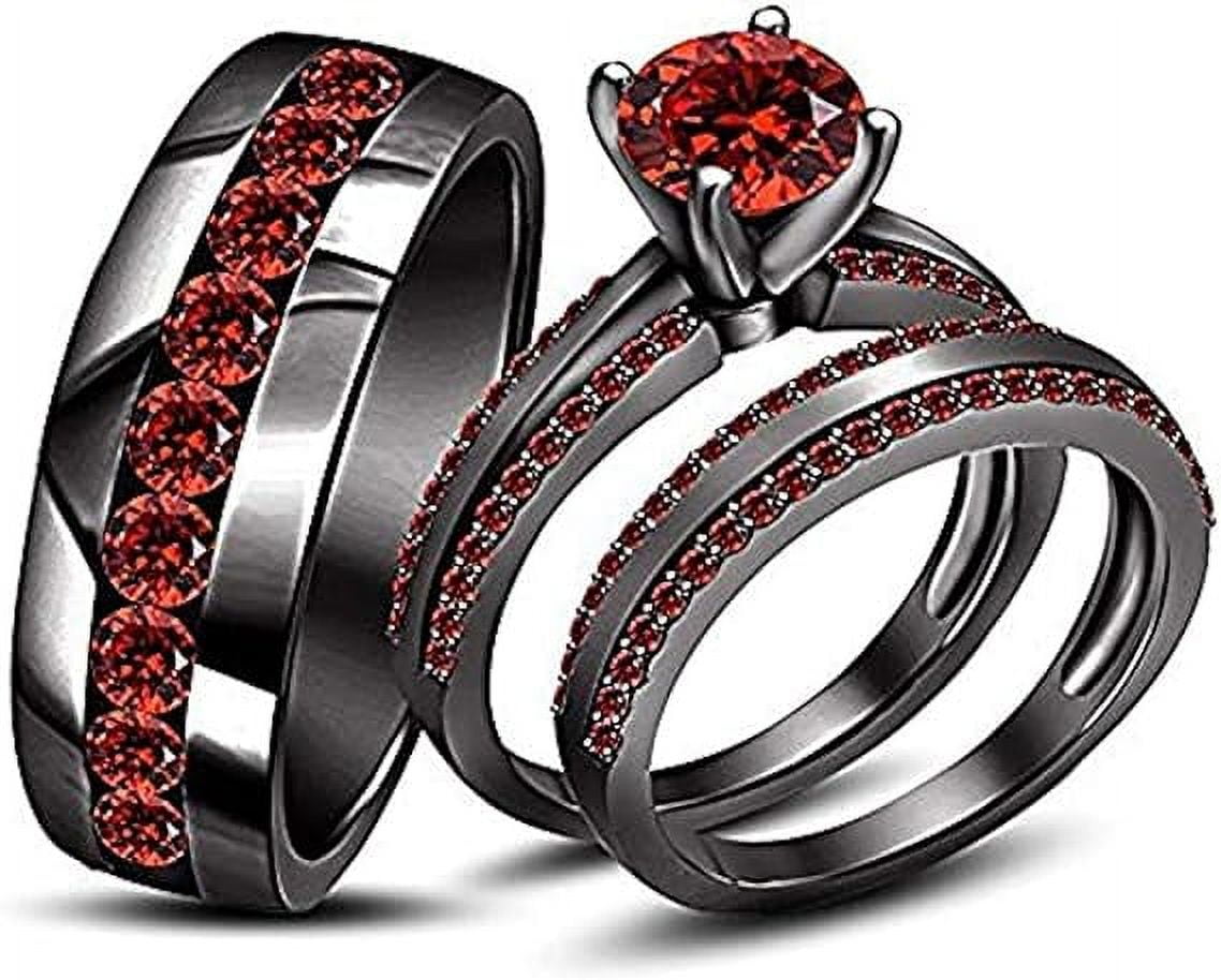 Gems Jewels 1.25 Ct Round Cut Red Ruby Wedding Engagement Trio Ring Set ...