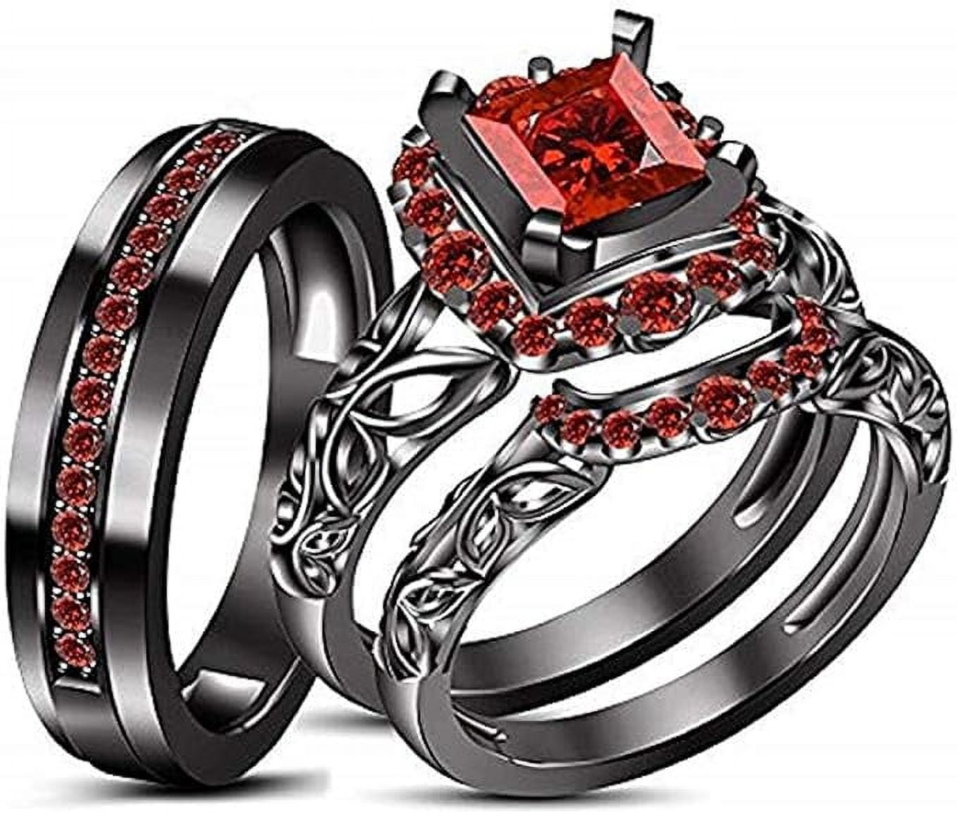 Gems Jewels 1.50 Ct Princess Cut Red Ruby Wedding Engagement Trio Ring ...