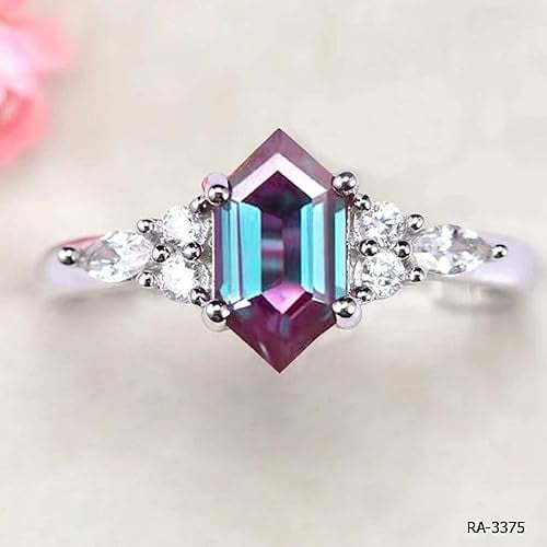 Gems Vibes Alexandrite Long Hexagon Ring Color Changing Gemstone Ring ...
