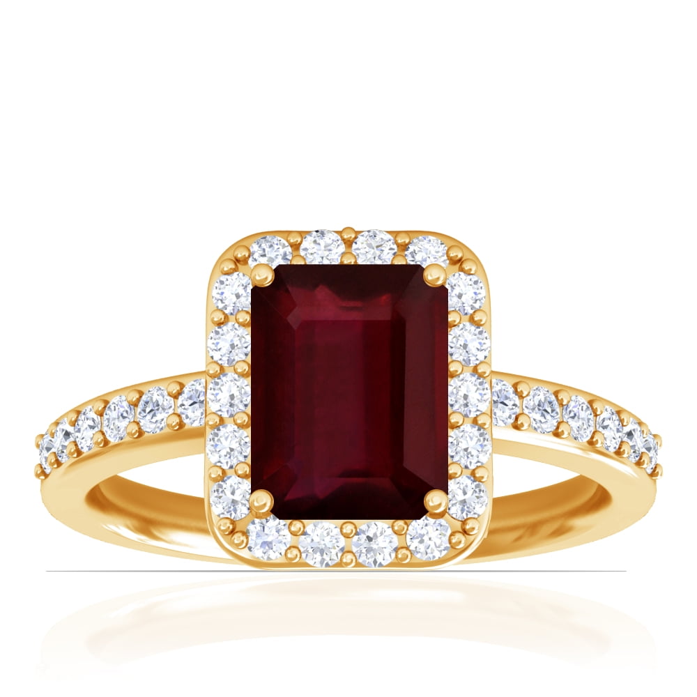 GemsNY July Birthstone - Classic Emerald Cut Prong Set Ruby Halo Ring ...