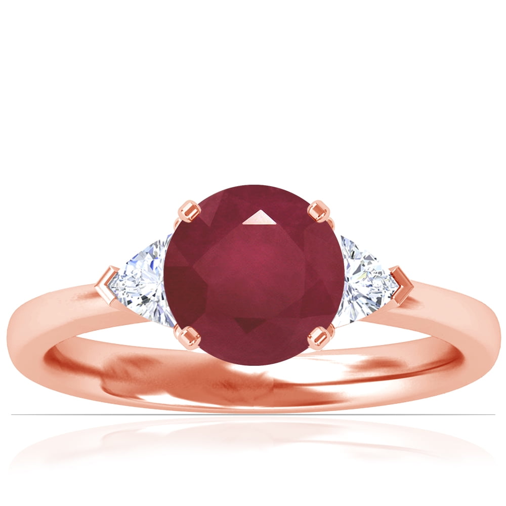 GemsNY July Birthstone - Classic Round Ruby Three Stone Ring with Trillion Cut Side Diamonds For ...