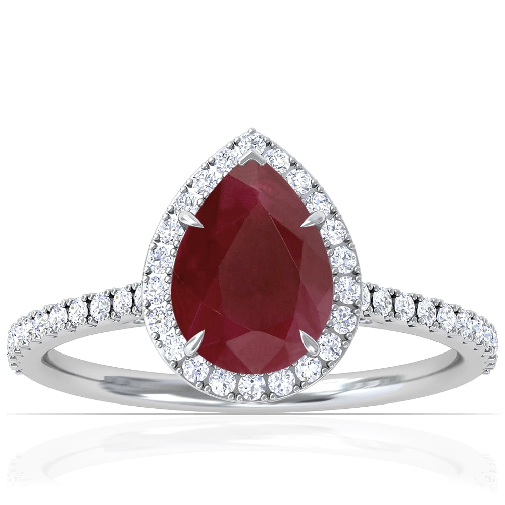 GemsNY July Birthstone - Dainty Pear Shape Ruby Halo Ring with Pave Set ...
