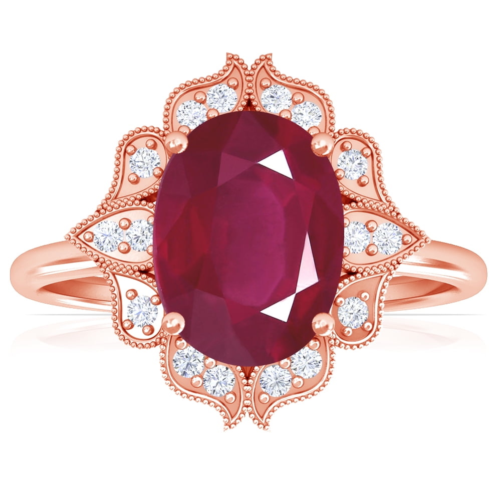 GemsNY July Birthstone - Vintage Oval Ruby Ring with Pave Set Diamond ...