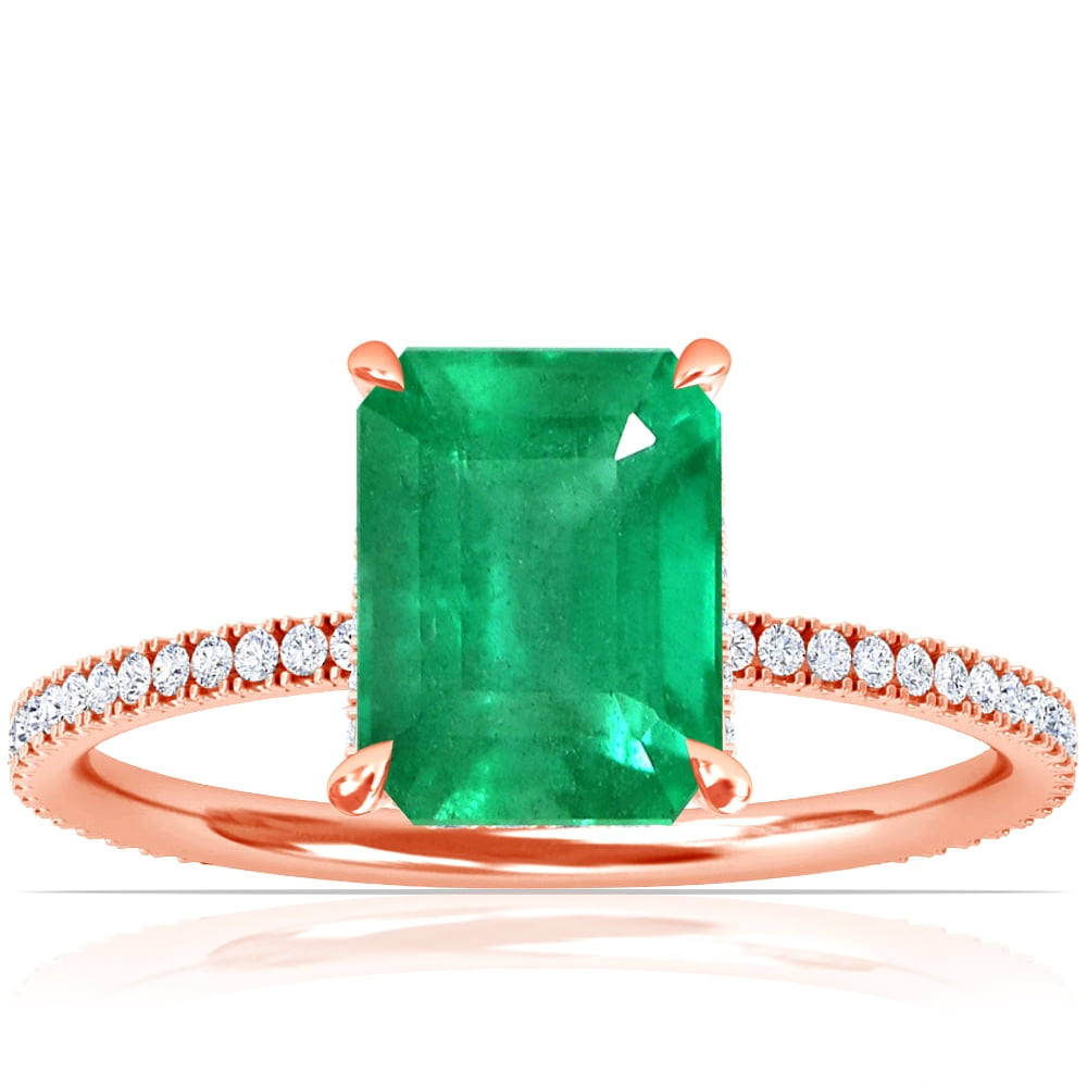 GemsNY May Birthstone - Emerald Cut Prong Set Emerald Hidden Halo Ring ...