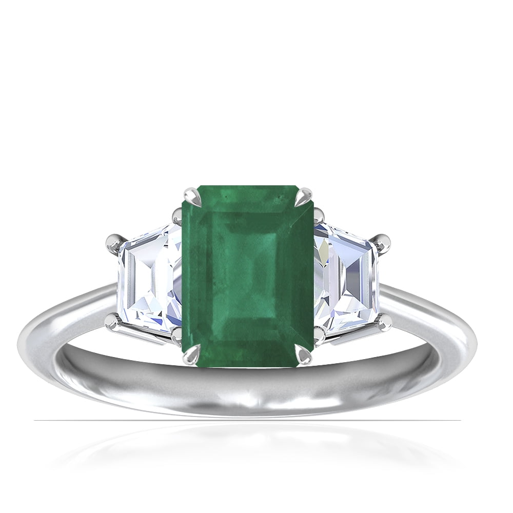 GemsNY May Birthstone - Three Stone Ring Emerald Cut Emerald with Prong ...