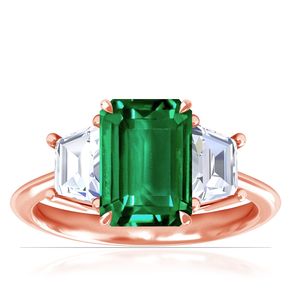 GemsNY May Birthstone - Three Stone Ring Emerald Cut Emerald with Prong ...