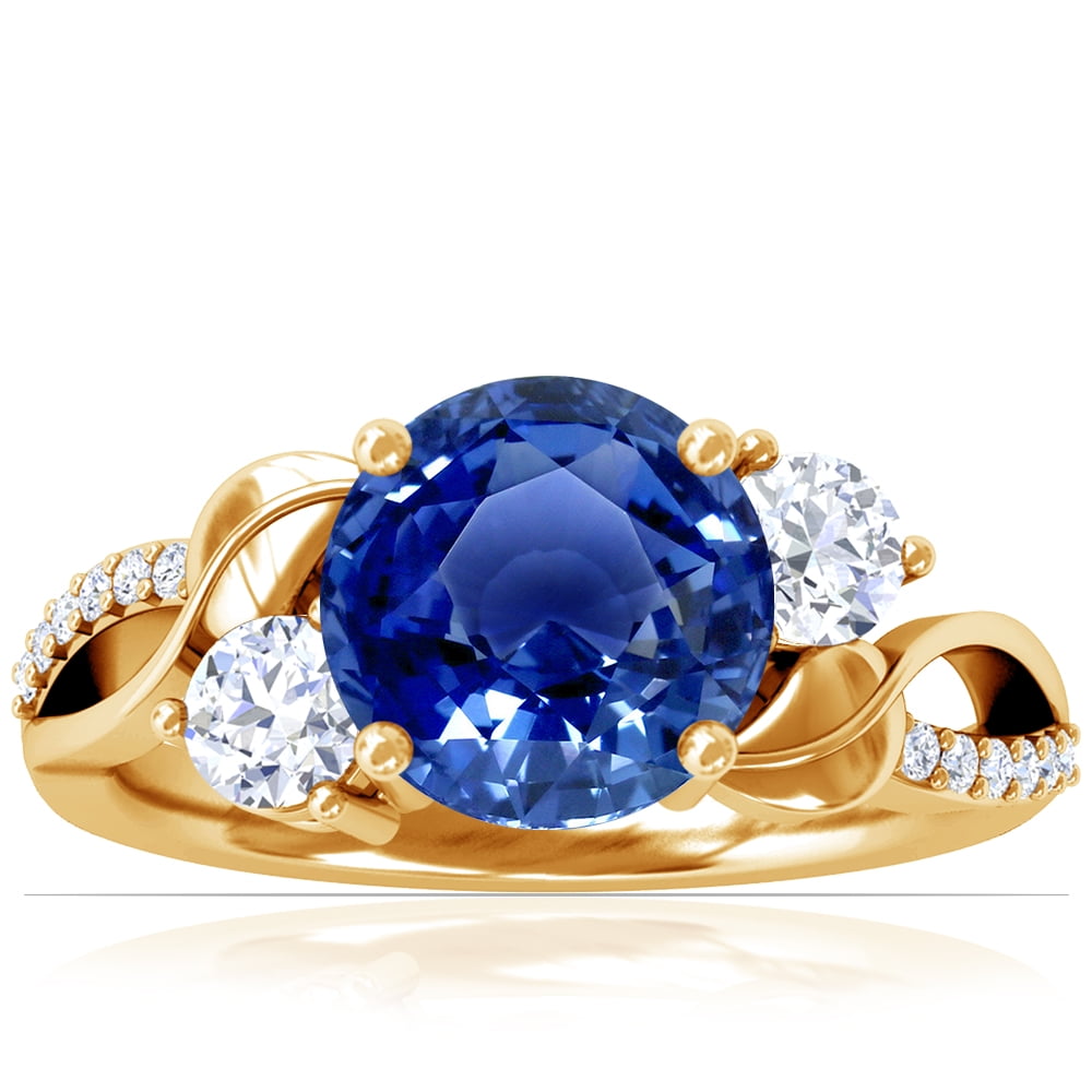GemsNY September Birthstone - Three Stone Round Blue Sapphire ring with ...