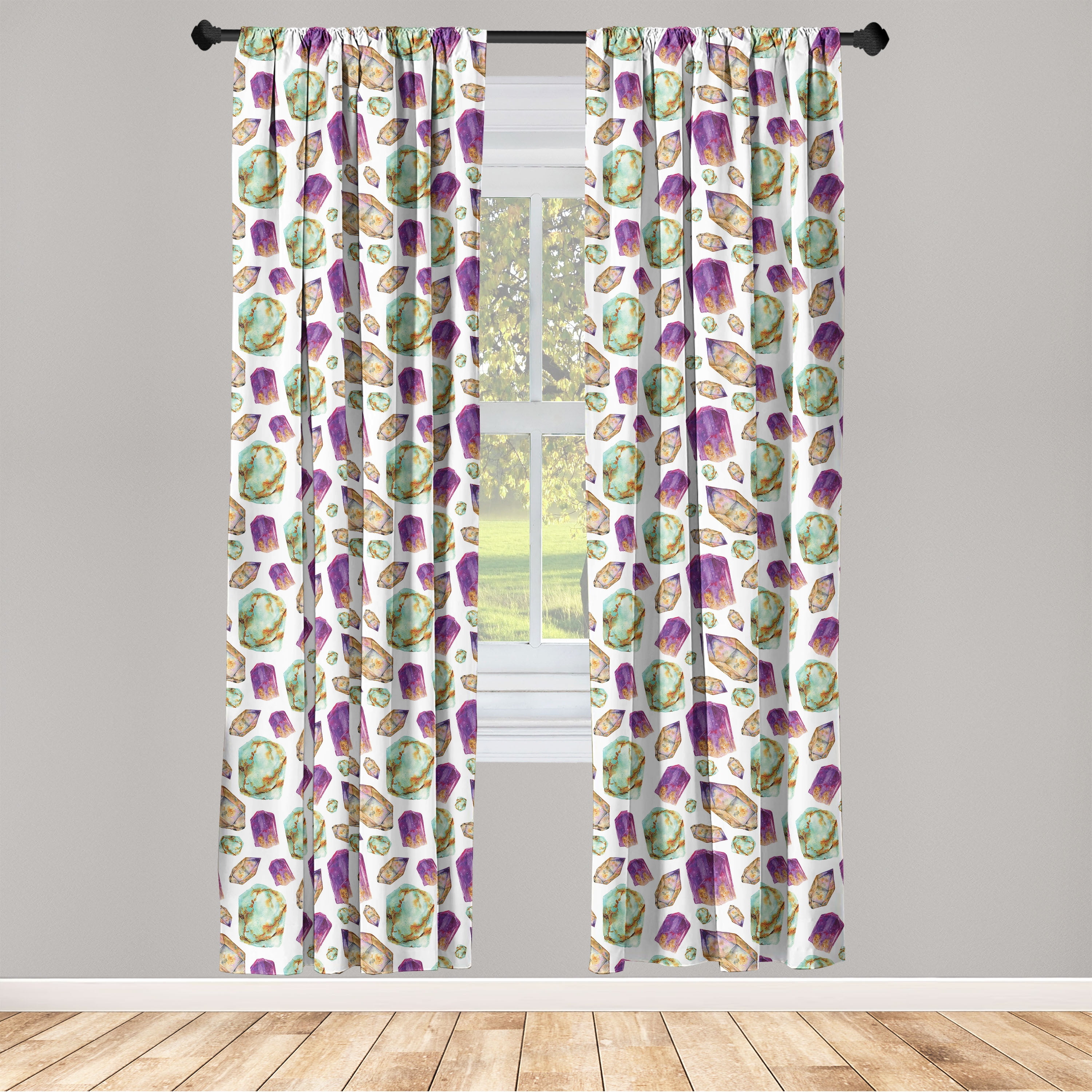 Gemstone Print Window Curtains, Nature Crystal Drawing Bohemian Design ...