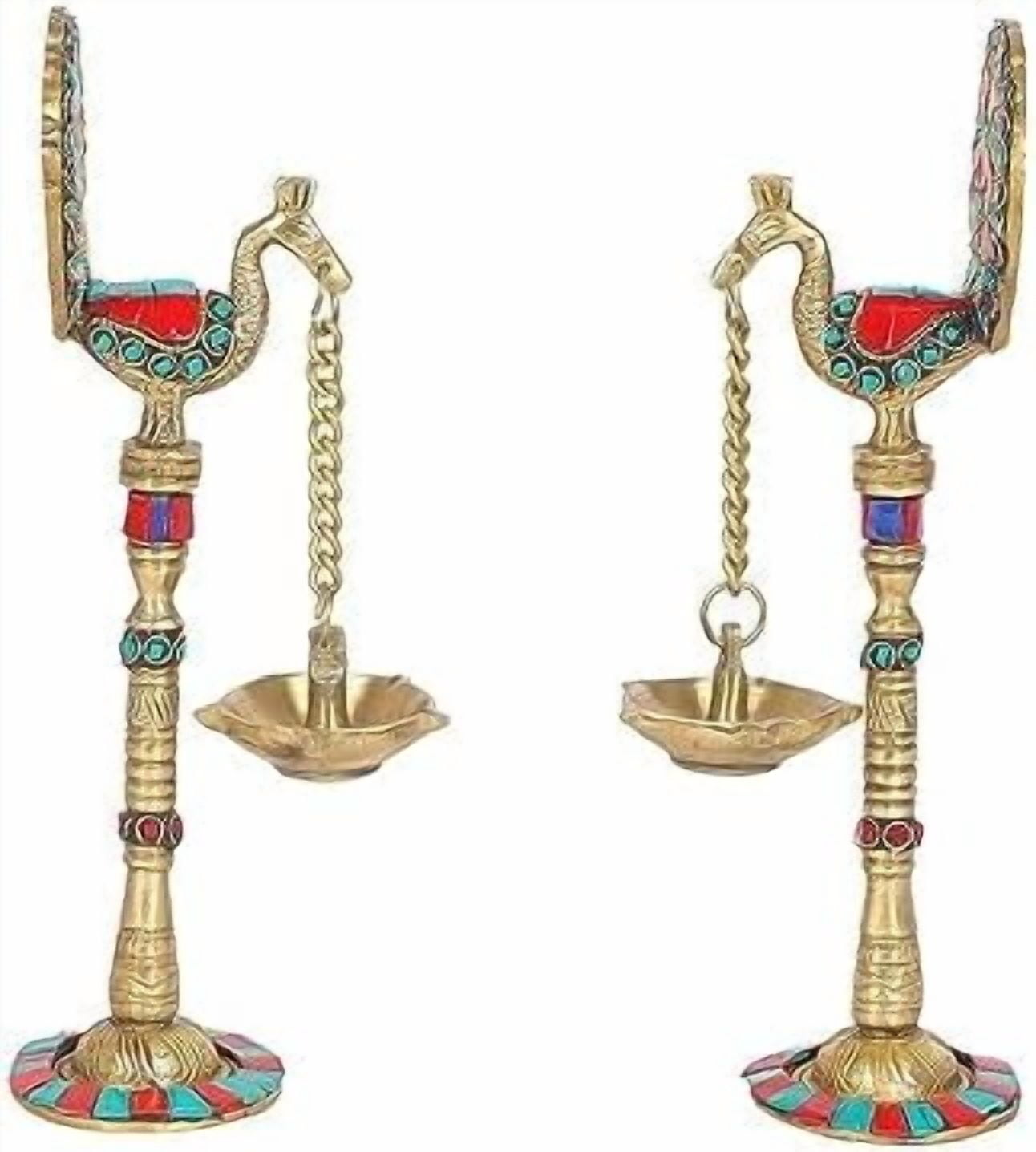 Gemstone Work Peacock Design 9 Inches Brass Hanging Diya Pair, Brass ...
