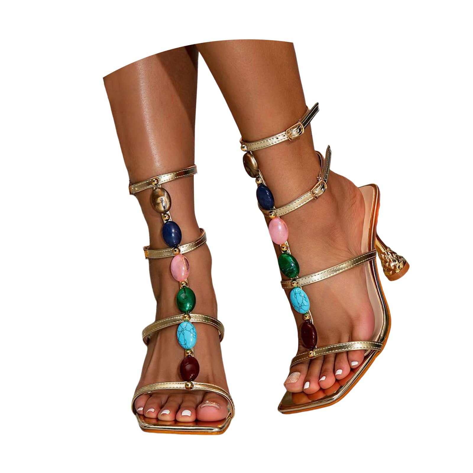 Gemstones High Heels Sandals for Women 2025 Boho Ethnic Square Open Toe ...