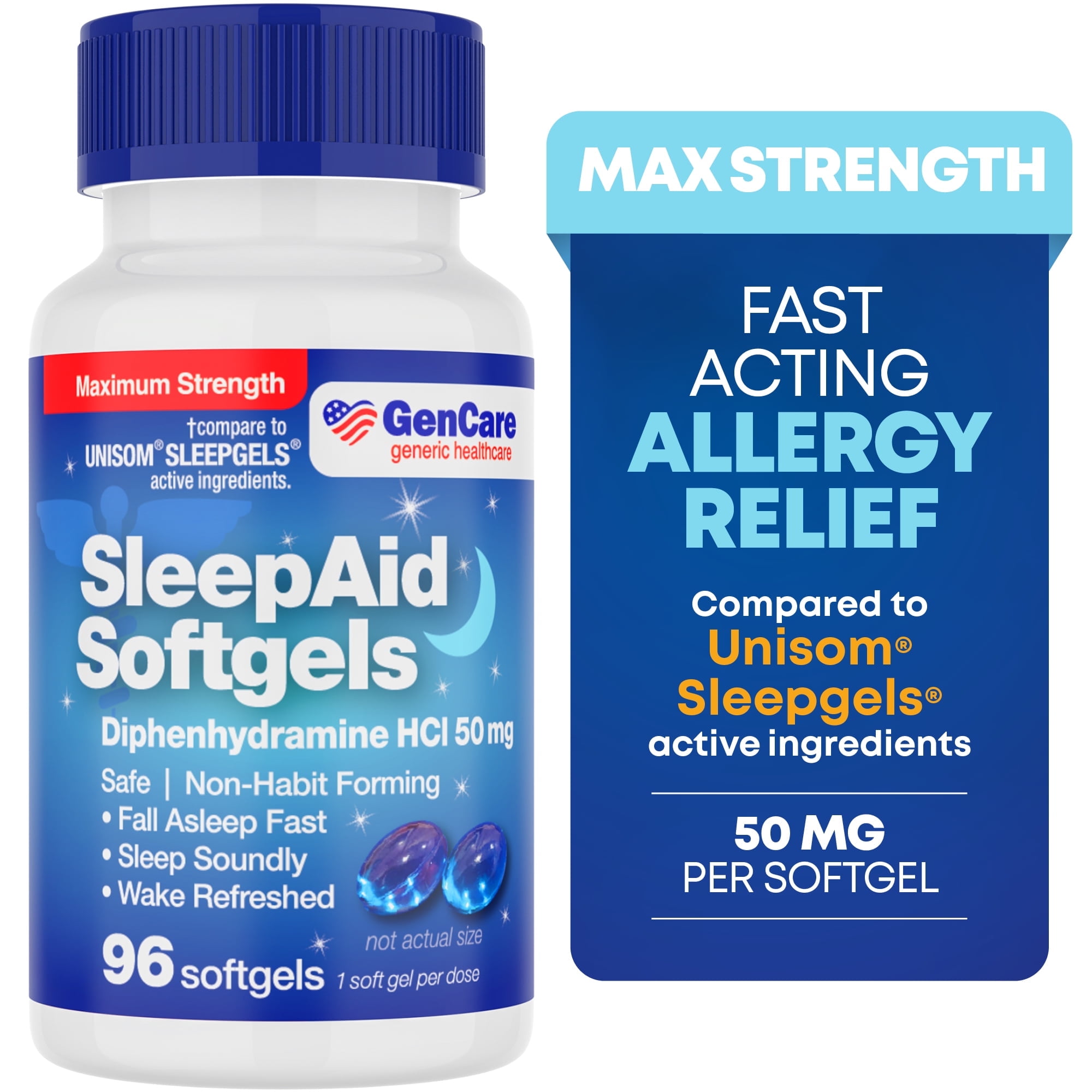 GenCare Adult Sleep Aid - 50mg Diphenhydramine HCl Relief Medication (96 Softgels) - Walmart ...