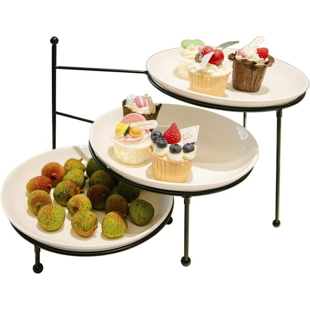 GenMous & Co. 3 Tiered Serving Stand - 10" Porcelain Plates, Metal ...
