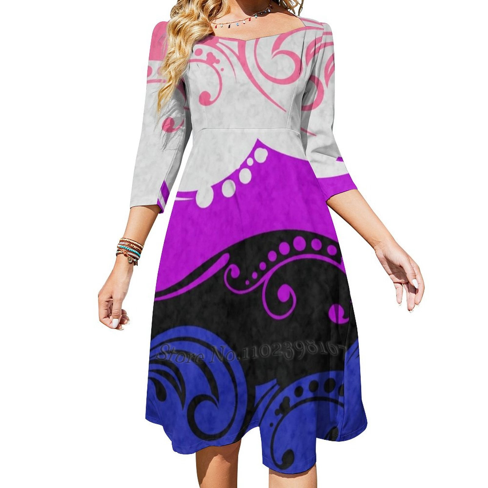 Gender Fluid Ornamental Flag Flare Dress Square Neck Dress Elegant ...