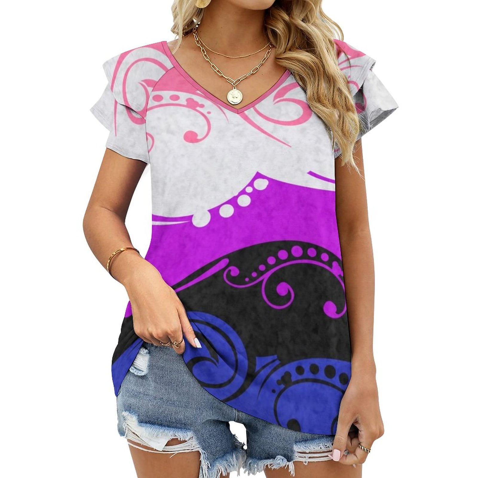 Gender Fluid Ornamental Flag Ruffle Short Sleeve T-Shirt Women's V Neck ...