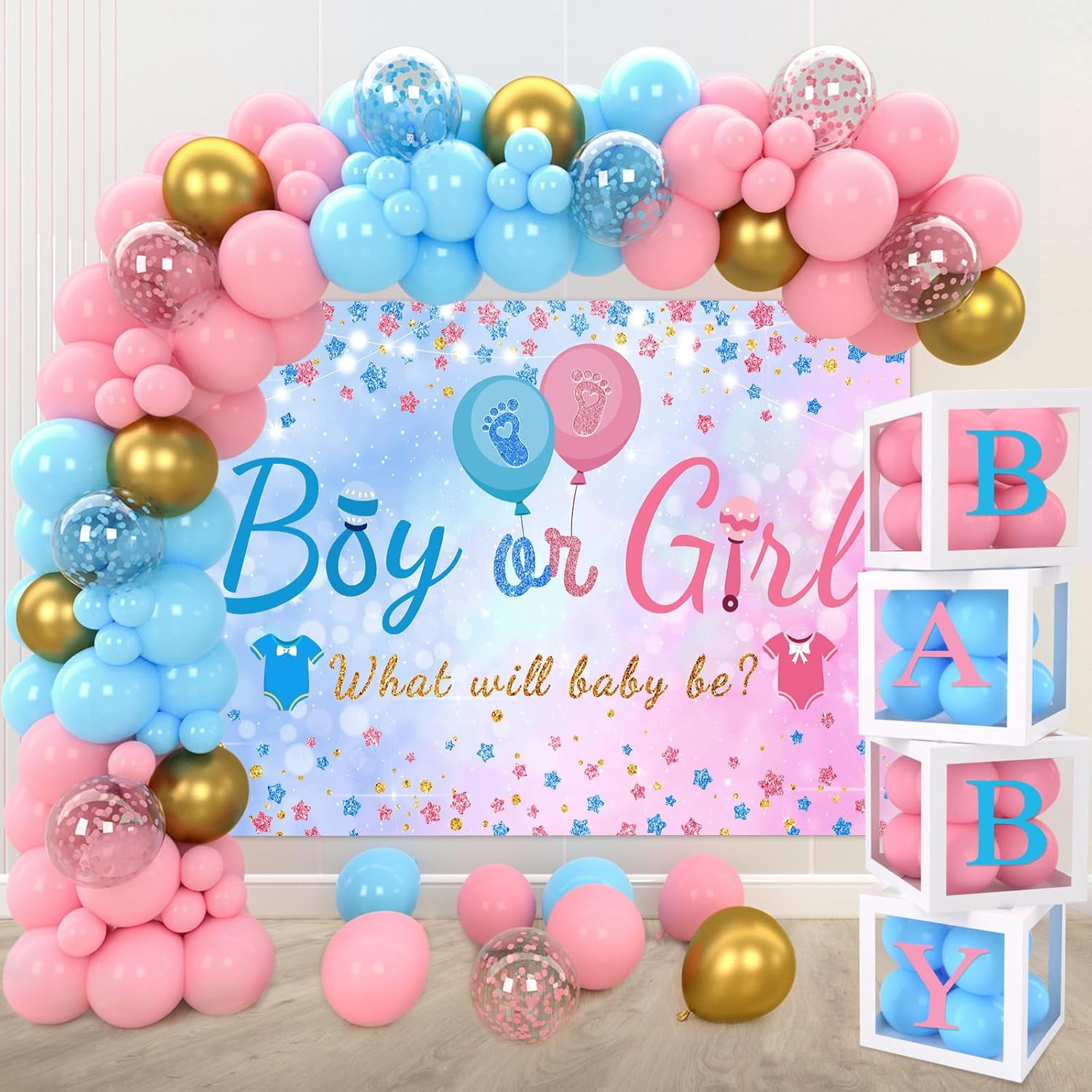 Gender Reveal Baby Balloon Boxes Decorations, Pink Blue Balloon Arch ...