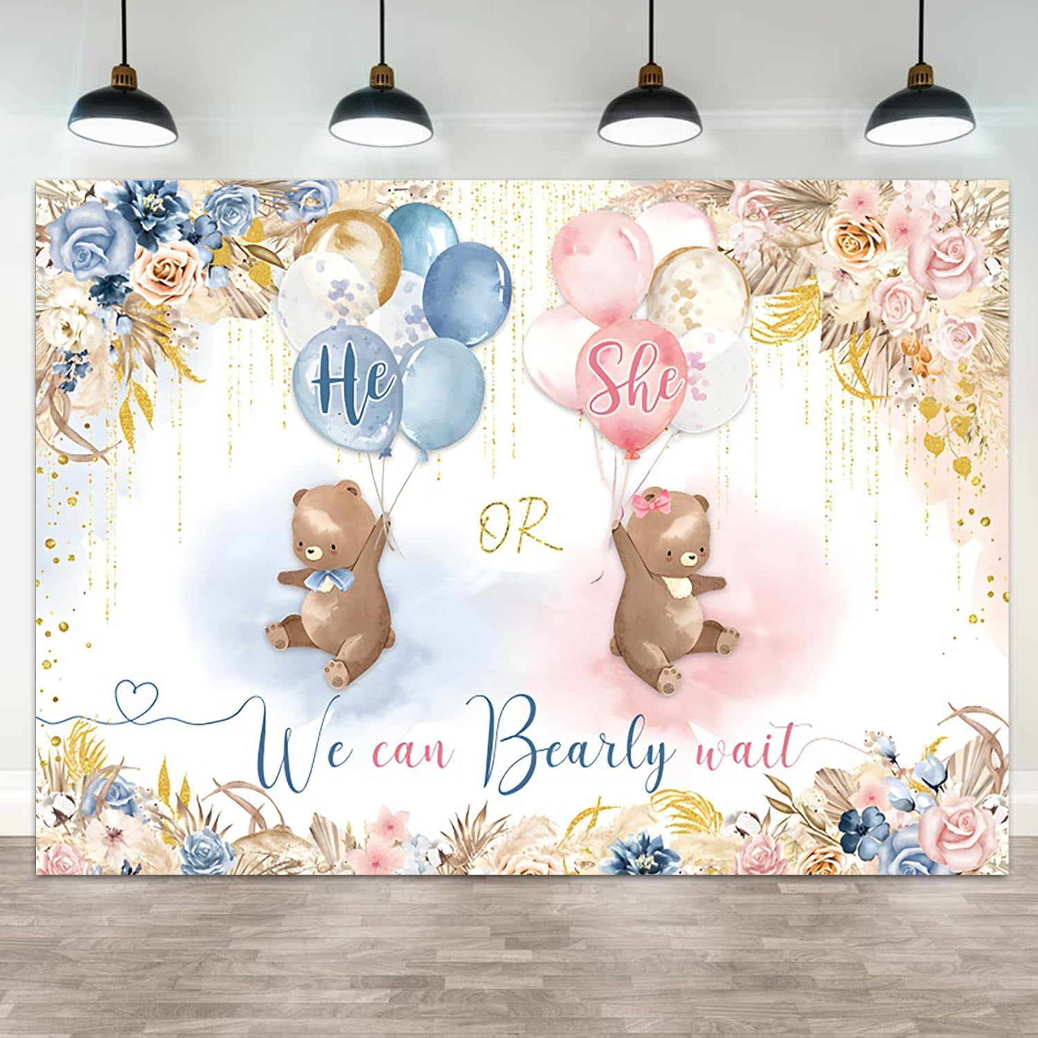 Gender Reveal Backdrop Bear He or She Photography Background Blue Pink ...
