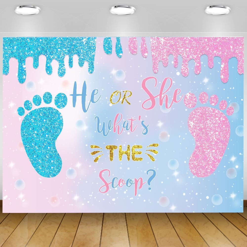 He Or She Gender Reveal Backdrop Blue Pink Footprints Gender Reveal ...