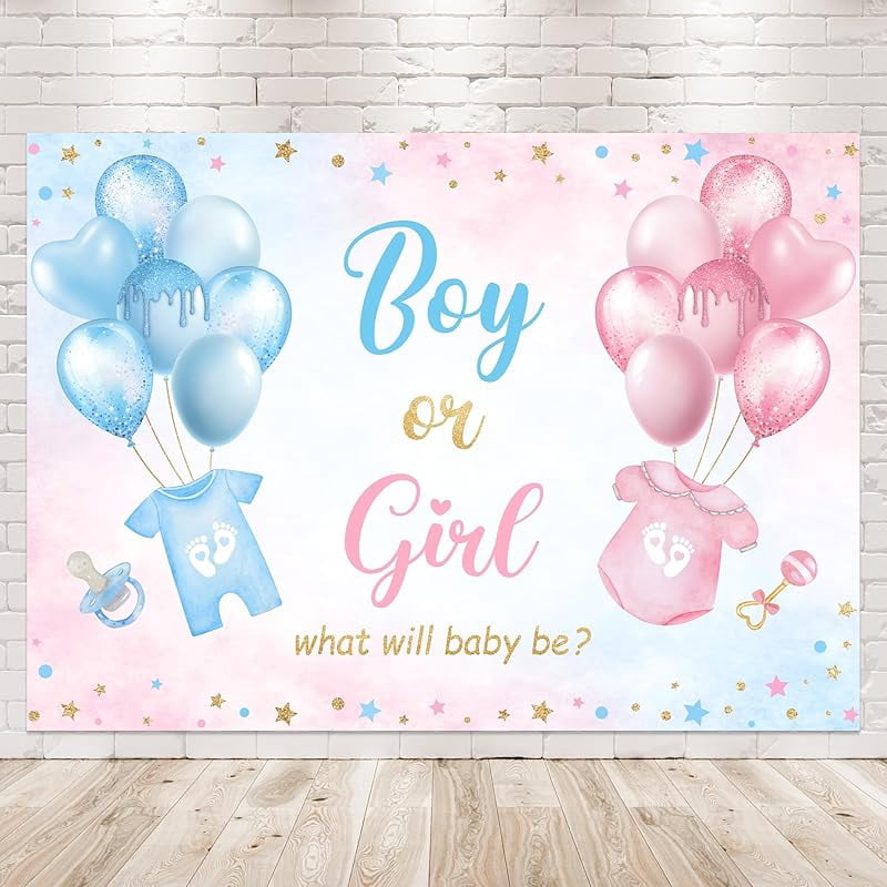 Gender Reveal Backdrop Boy or Girl Banner Blue and Pink Stars Balloon ...