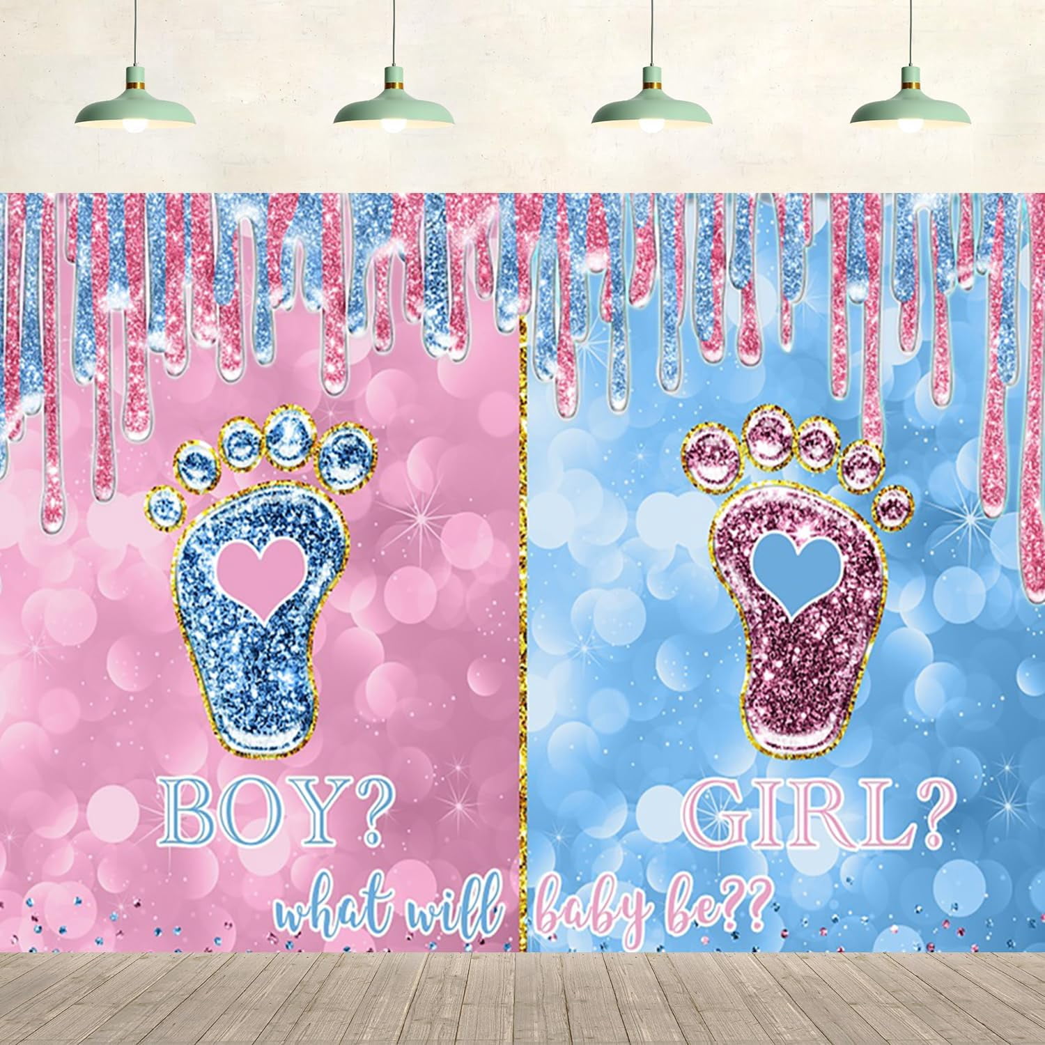 Gender Reveal Backdrop Boy or Girl What Will Baby Be Pink Blue Glitter ...