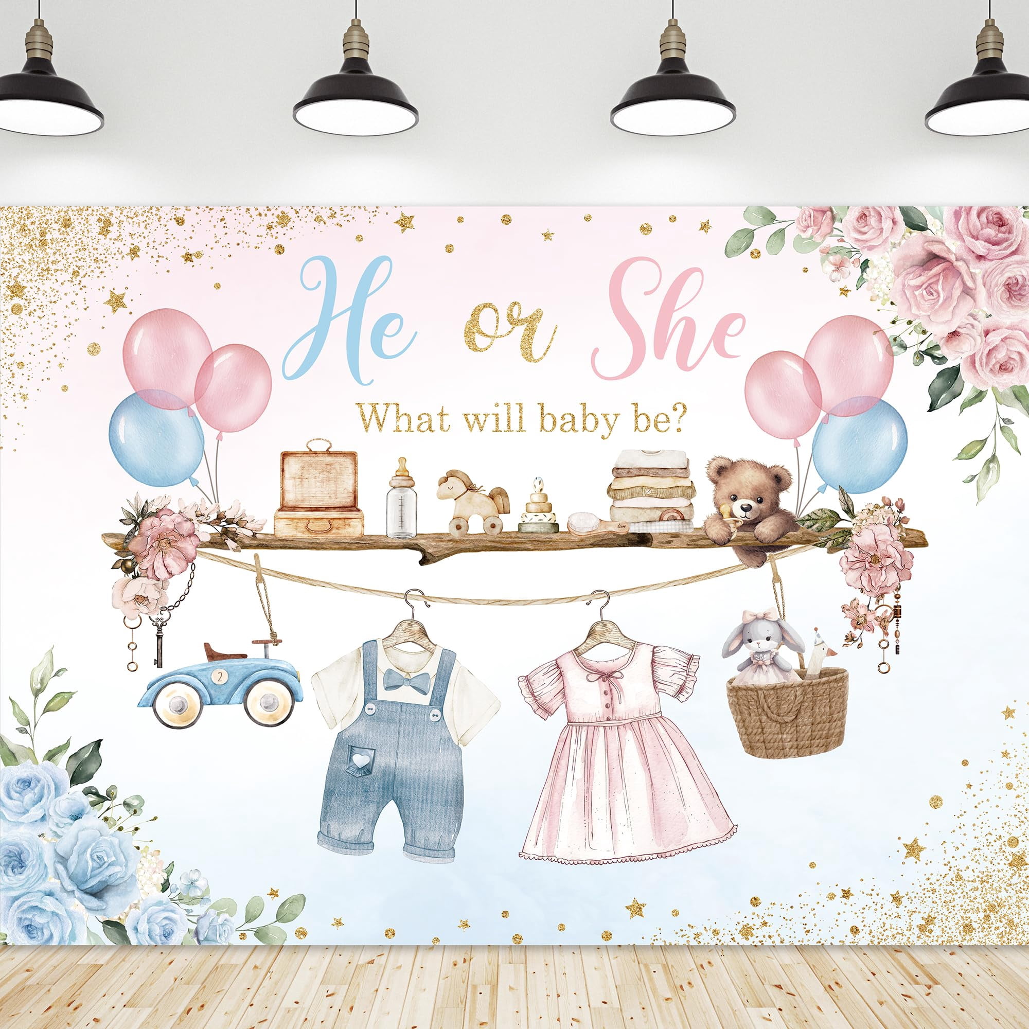 Gender Reveal Backdrop He or She Pink Blue What Will Baby Be Baby ...