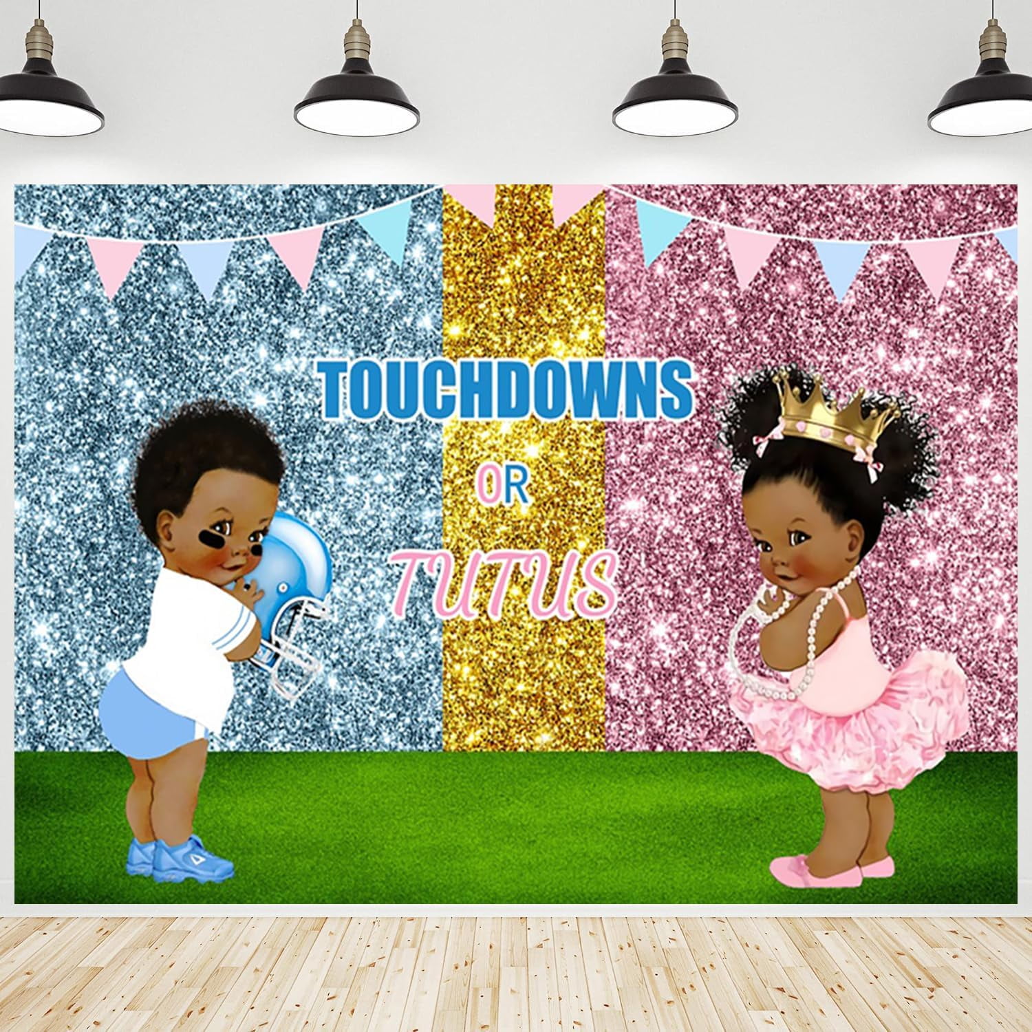 Gender Reveal Backdrop Touchdowns or Tutus Glitter Pink Blue Flag Grass ...