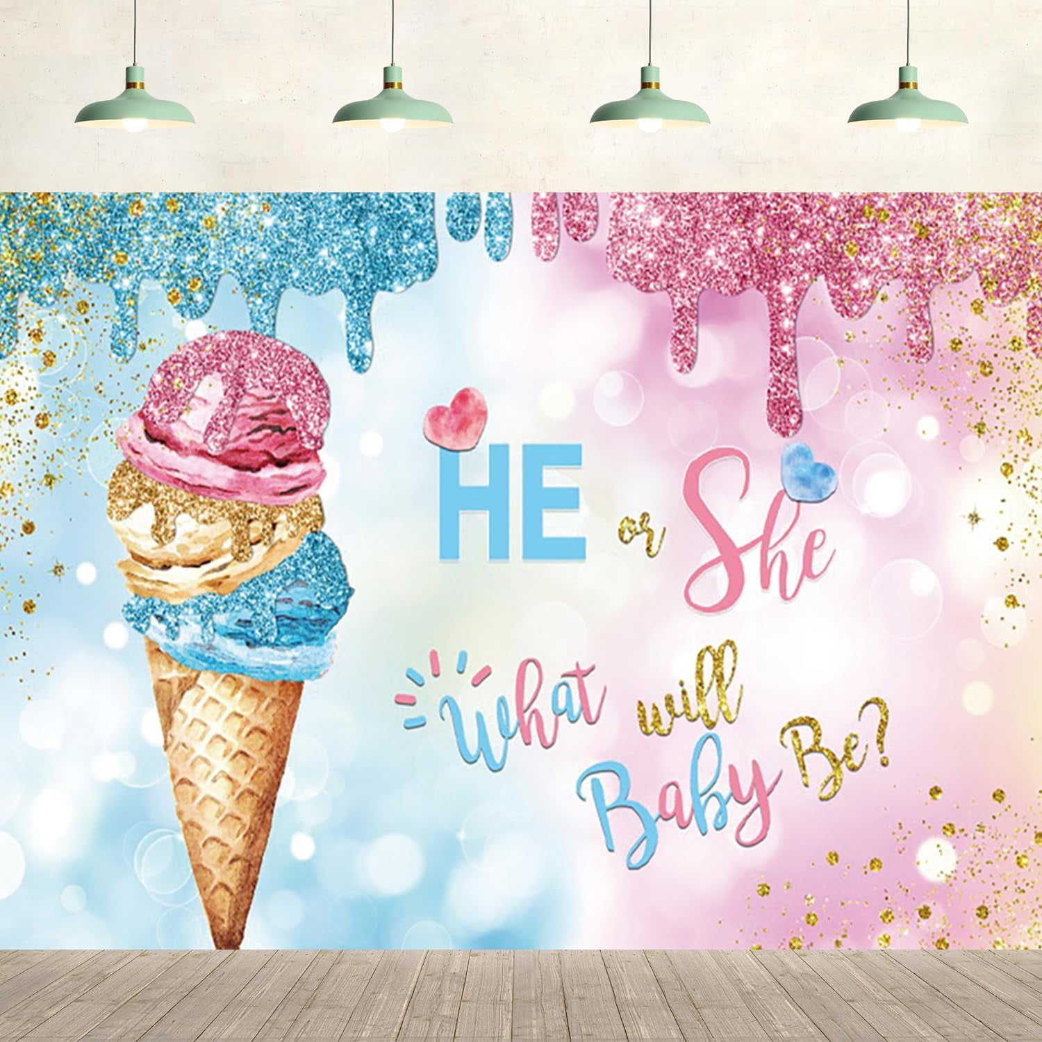 Gender Reveal Backdrop He or She What Will Baby Be Pink Blue Ice Cream ...