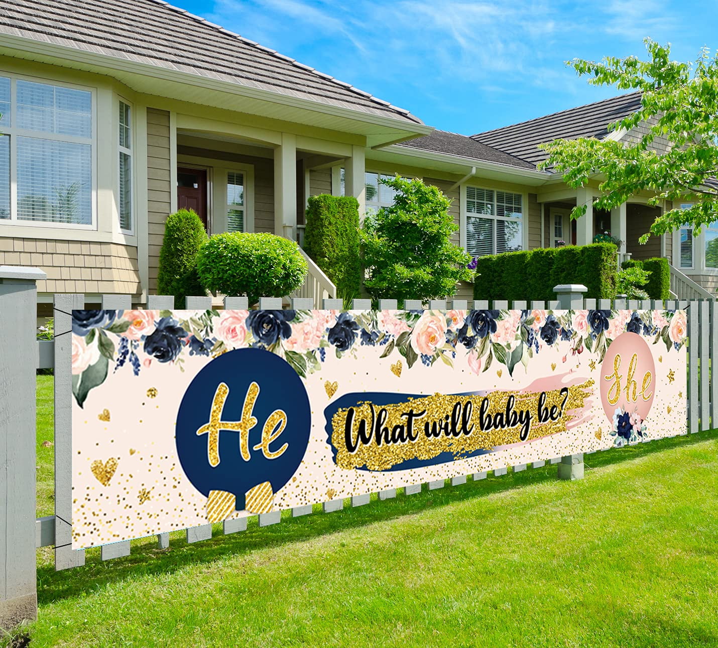 Gender Reveal Banner He or She Baby Shower Yard Lawn Sign Photo Booth ...