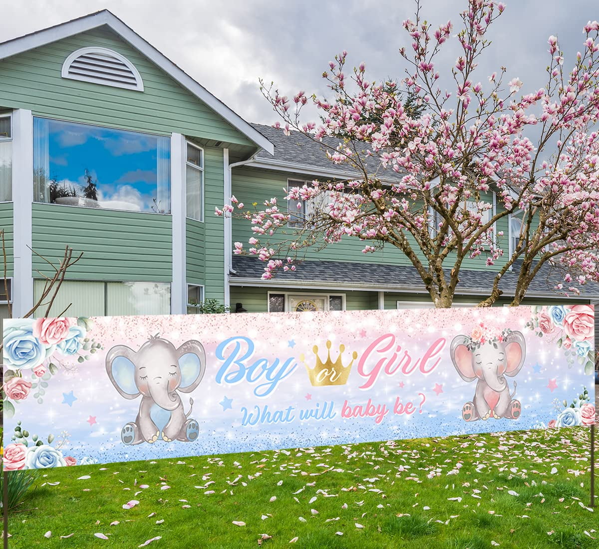Gender Reveal Banner He or She Baby Shower Yard Lawn Sign Photo Booth ...
