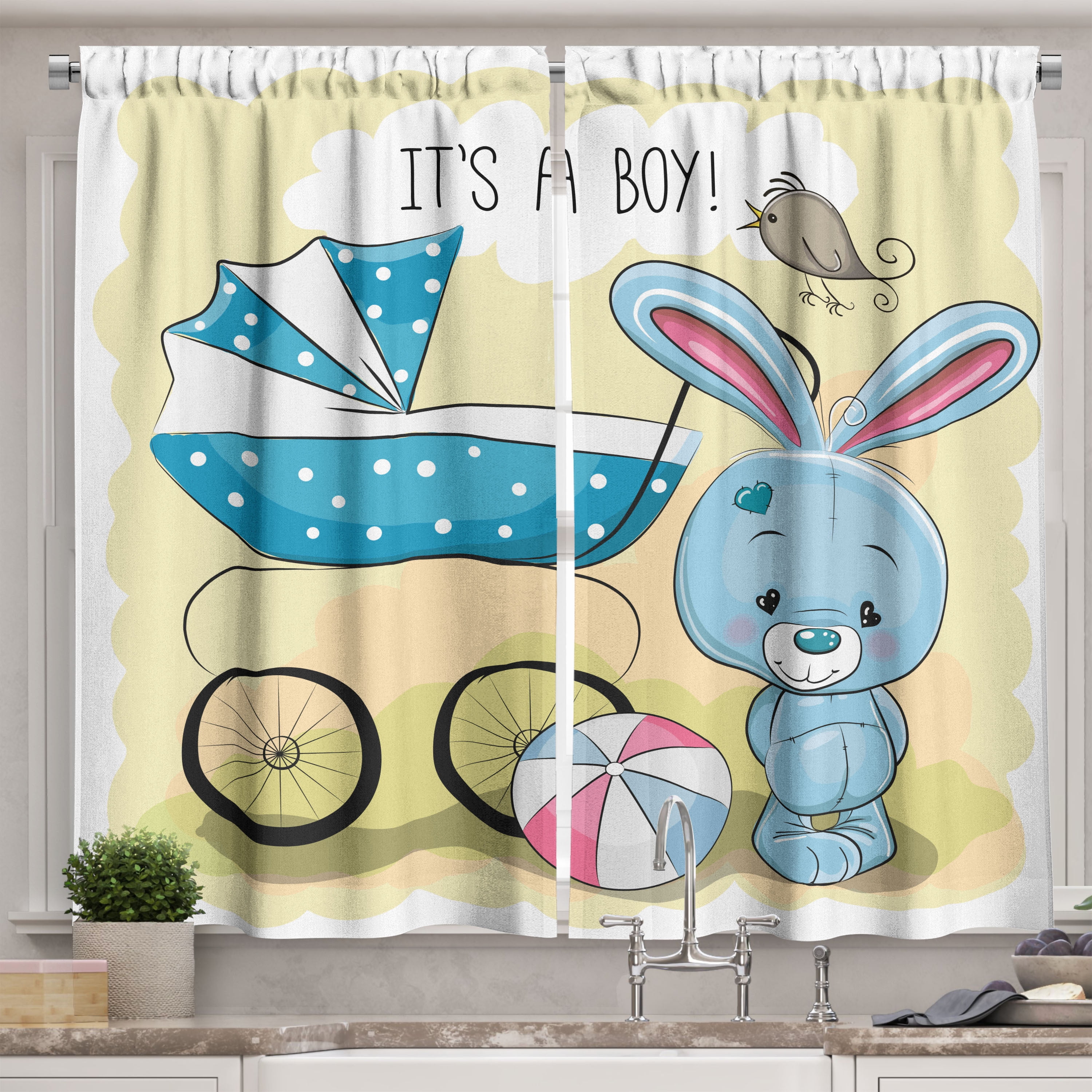 Gender Reveal Curtains 2 Panels Set, Cute Bunny Baby Carriage and Ball ...