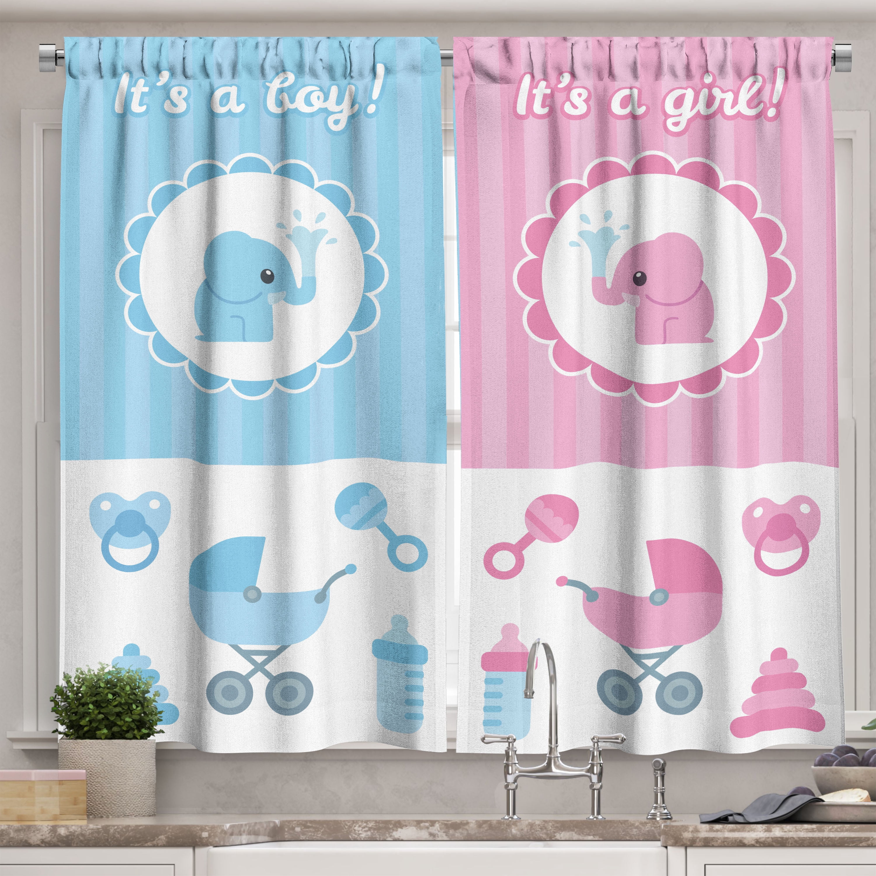 Gender Reveal Curtains 2 Panels Set, Elephants Girl Boy Kids Newborn ...