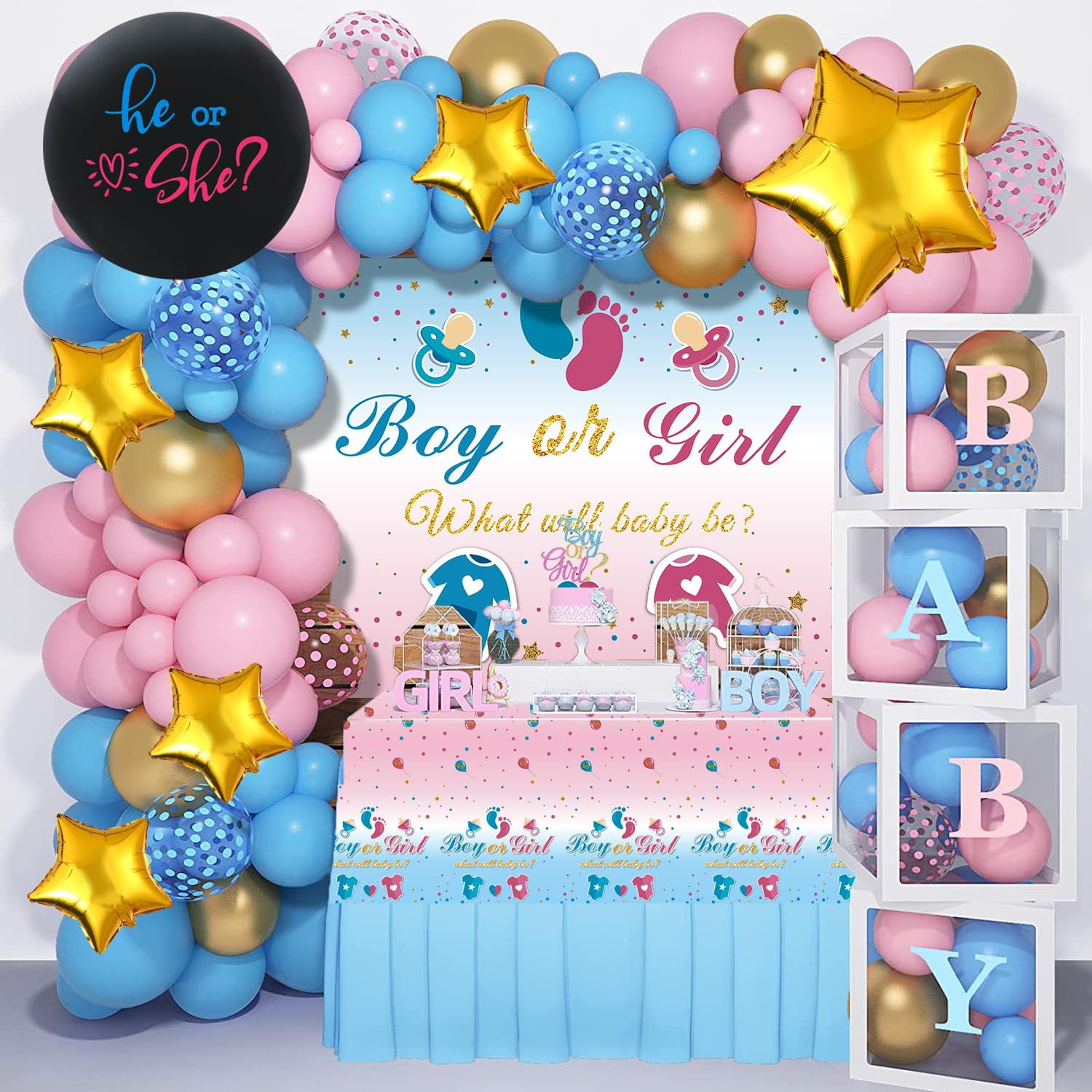 Gender Reveal Decorations Kit, DHF10 Pink Blue Balloon Arch, Baby Boxes ...
