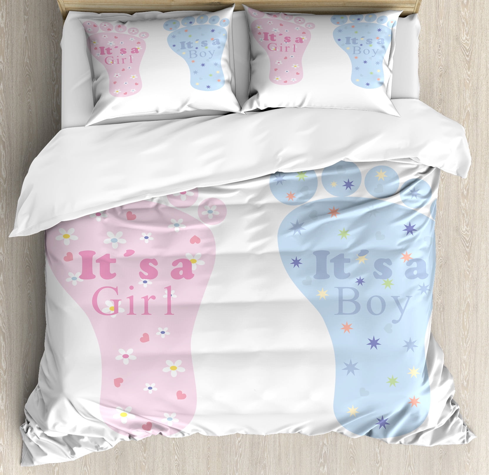 Gender Reveal Duvet Cover Set, Footprints and Floral Blossoms Heart ...
