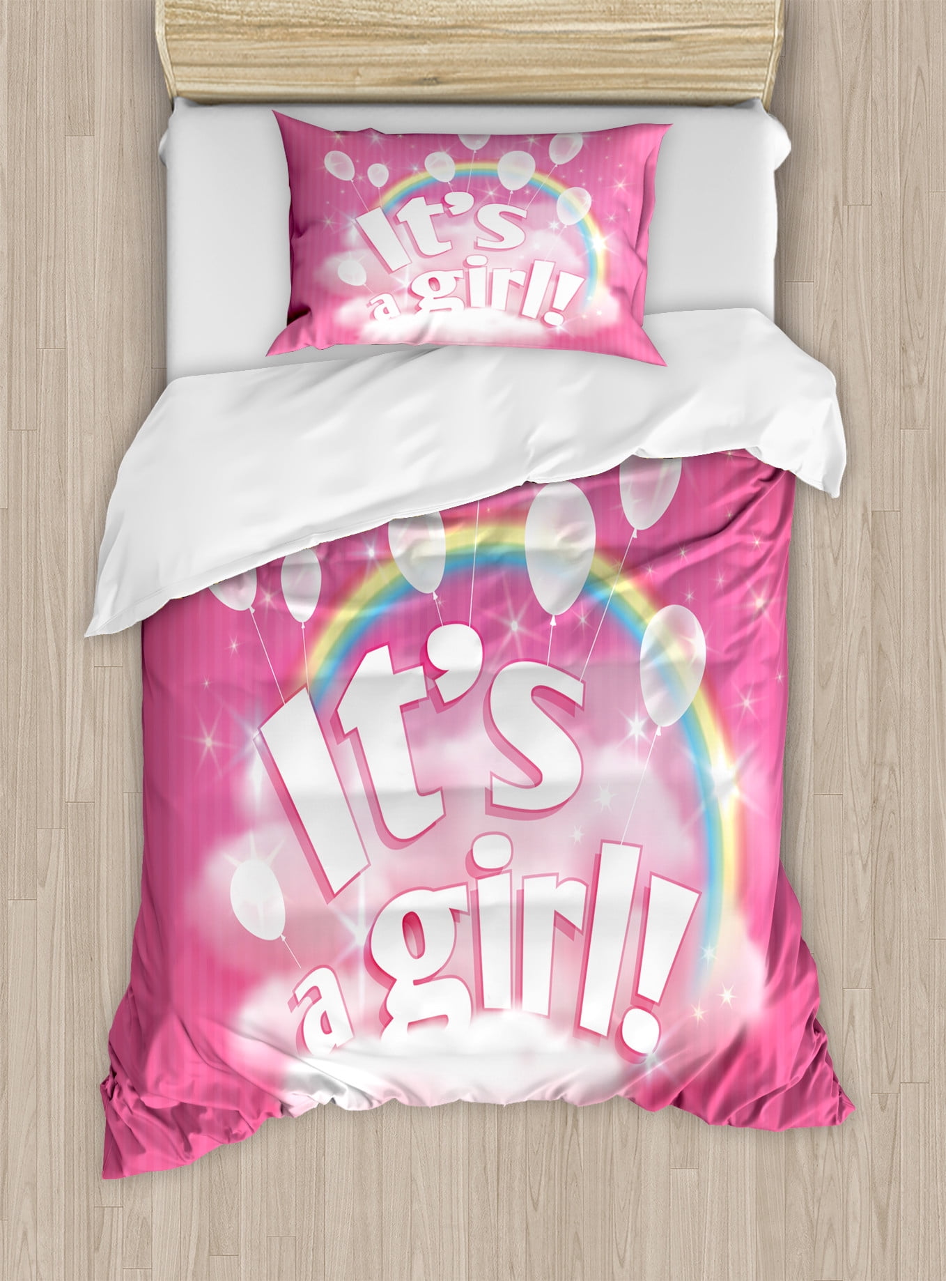 Gender Reveal Duvet Cover Set, Its a Girl Words with Rainbow Balloons ...