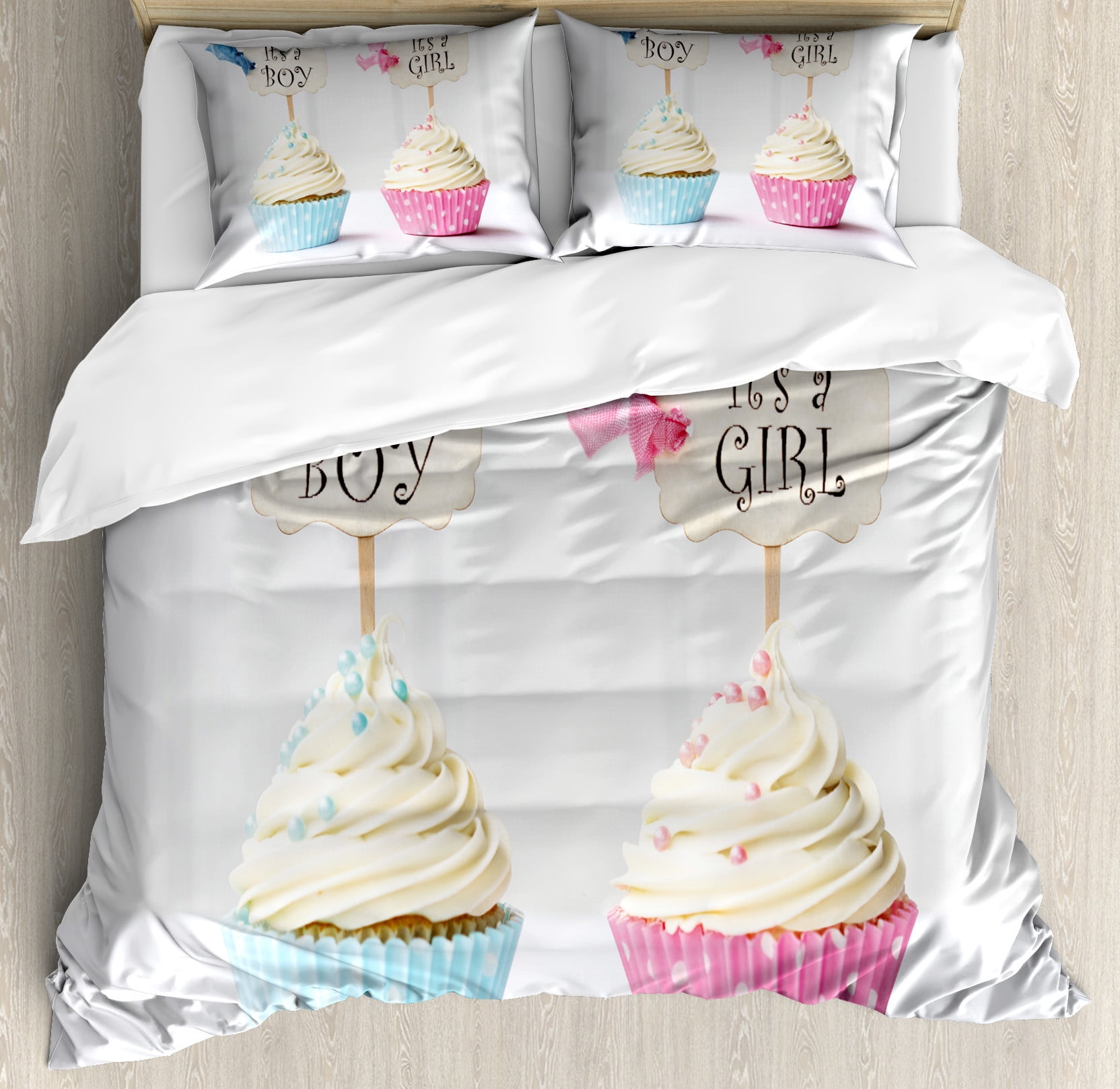Gender Reveal Duvet Cover Sets, Boy and Girl with Cupcakes Yummy ...