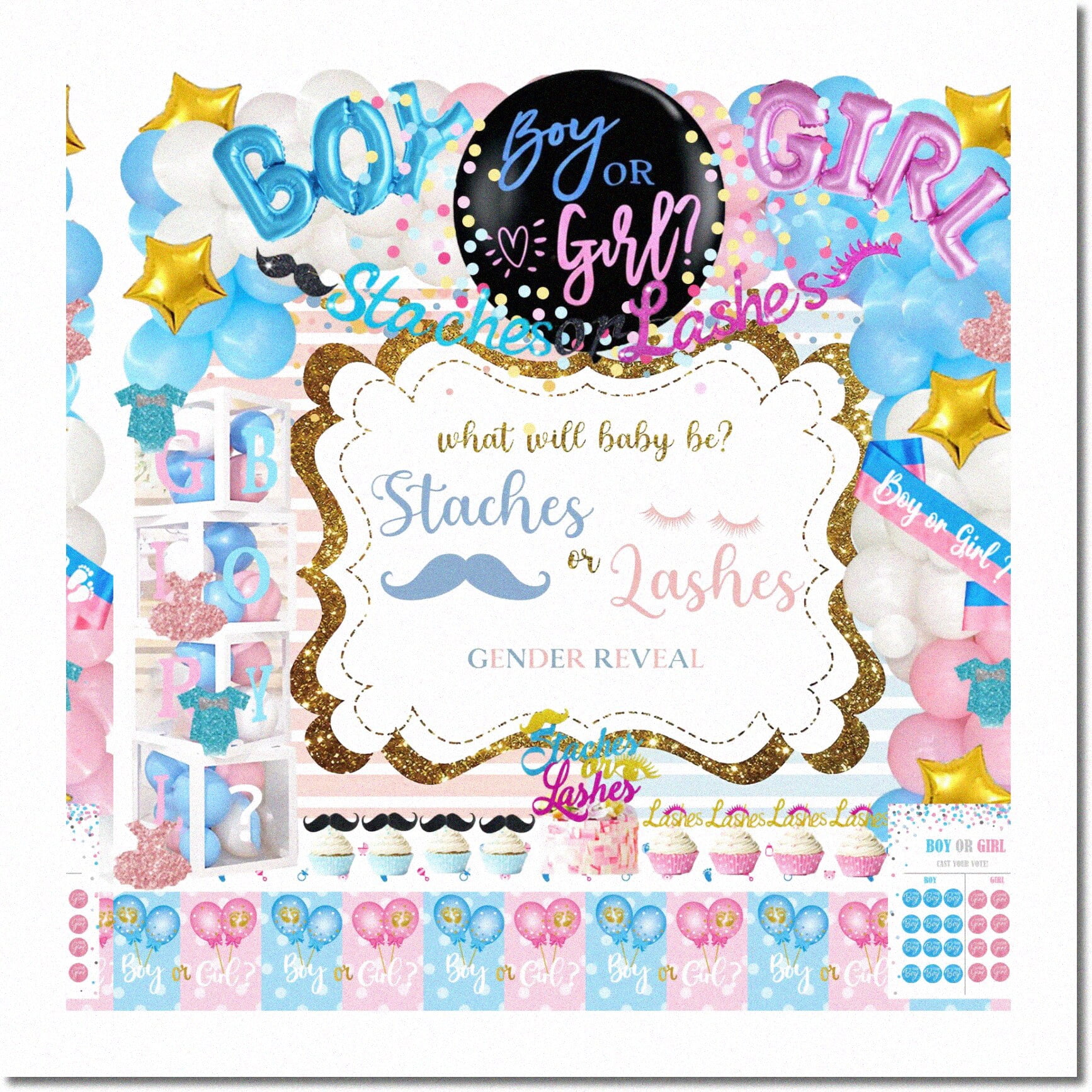 Gender Reveal Fiesta Kit: Staches or Lashes! Decorate with Balloon ...