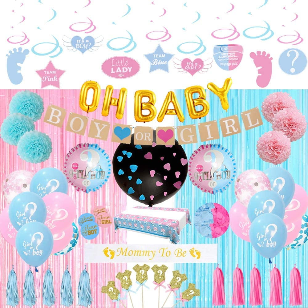 Gender Reveal 97-Piece Party Kit: Jumbo Confetti Balloons, Pink/Blue ...